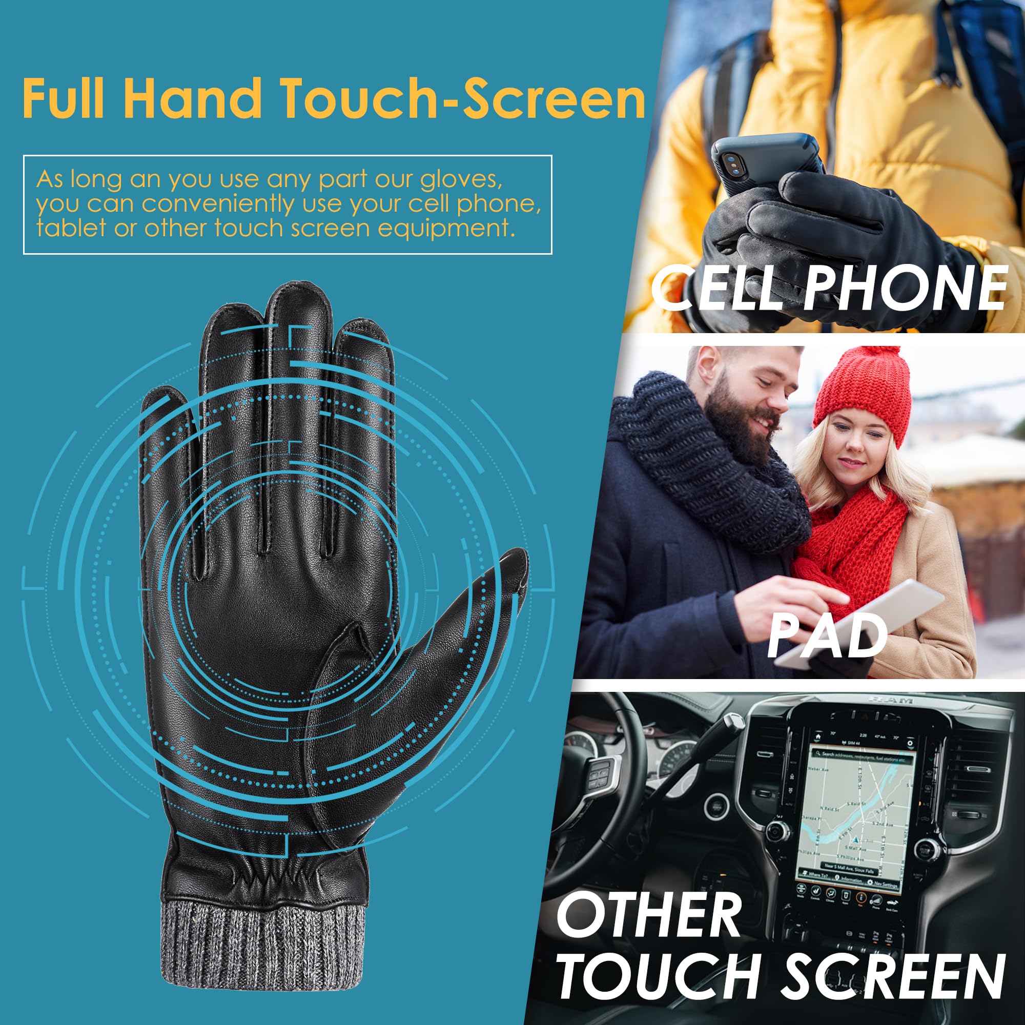EGSSHOP Winter Warm Genuine Leather Gloves, Cashmere Lined Driving Motorcycle Gloves for Men