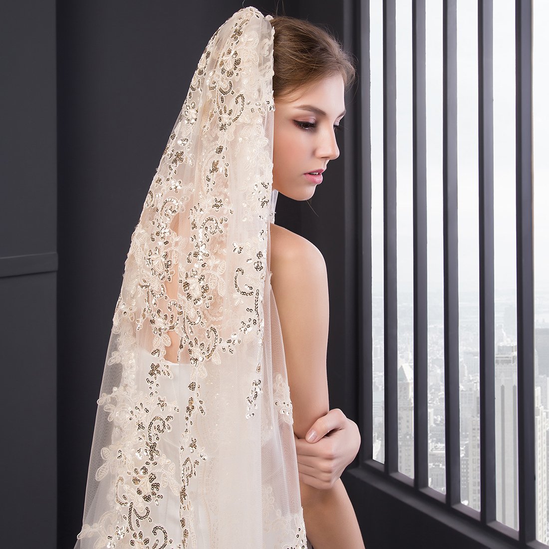EllieHouse Cathedral Length Sequin Lace Wedding Bridal Veil for Bride Champagne