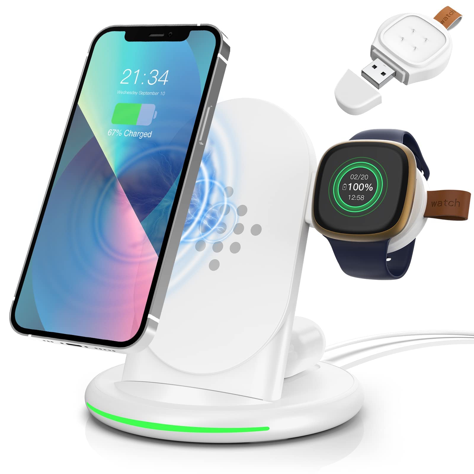 KOJACMUR 3 in 1 Magnetic Wireless Charger, Charge for Fitbit Sense 2/Sense/Versa 3/Versa 4, Charger Stand Wireless Charging Station for iPhone 14 13 12 Pro/Max/Mini,AirPods Pro/3/2 (White A)
