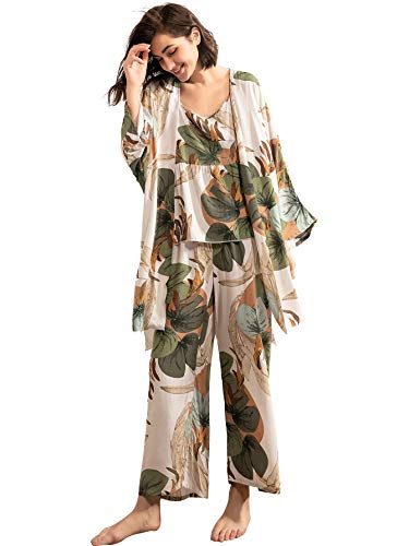 WDIRARA Women's 3 pcs Sleepwear Leaf Print Cami and Pants Pajama Set with Robe Multicolor M