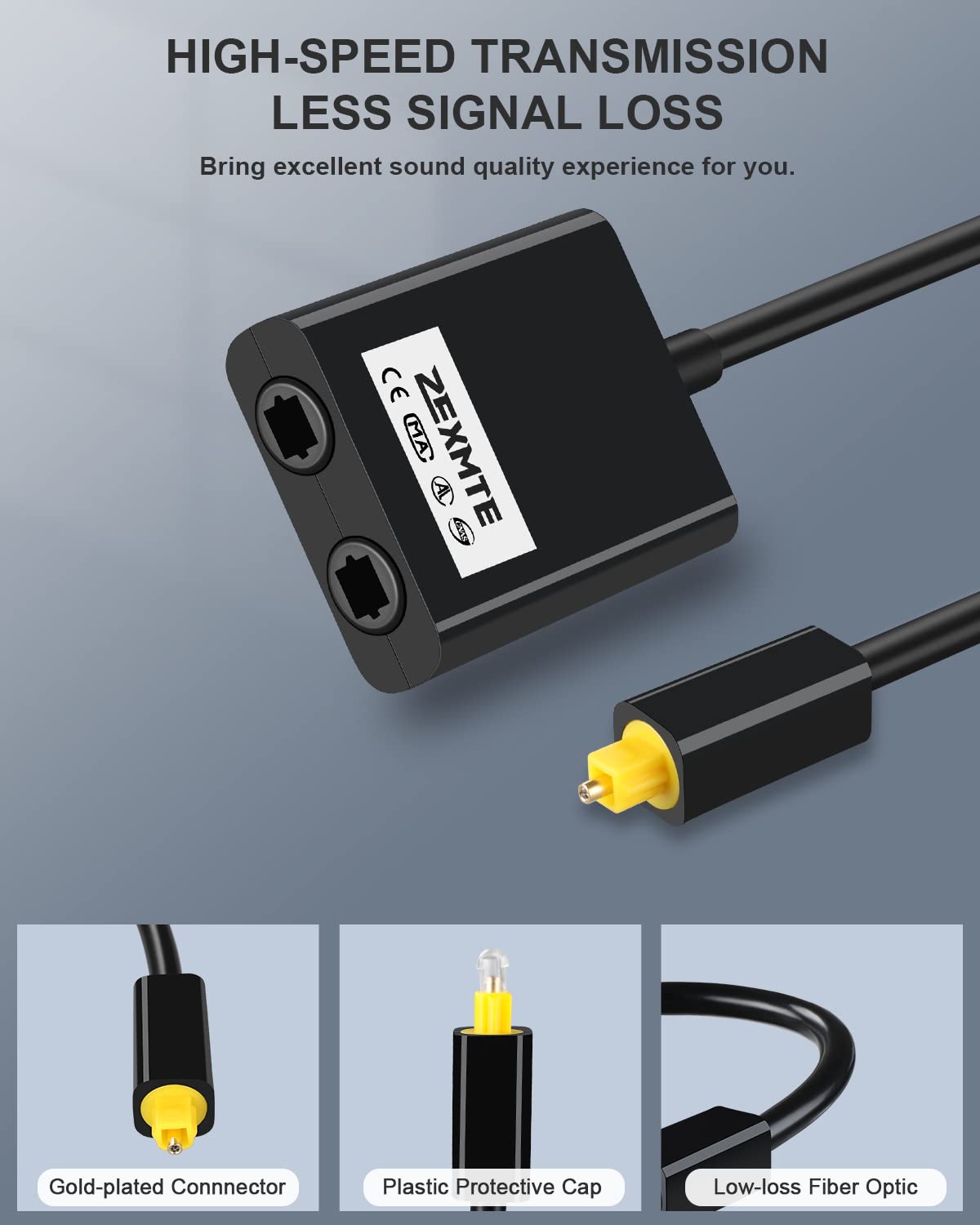 ZEXMTE 【Upgraded】 Optical Fiber Splitter 1 in 2 Out Optical Audio Splitter, Fiber Optical Splitter with 24K Gold Plated Connectors for CD Player, DVD Player, Receiver-Black
