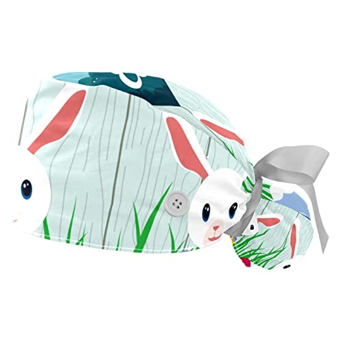 Happy Easter Bunny Egg Cute Rabbits Working Cap with Button & Sweatband, 2 Packs Reusable Surgical Surgery Hats Ponytail Holder, Multi Color