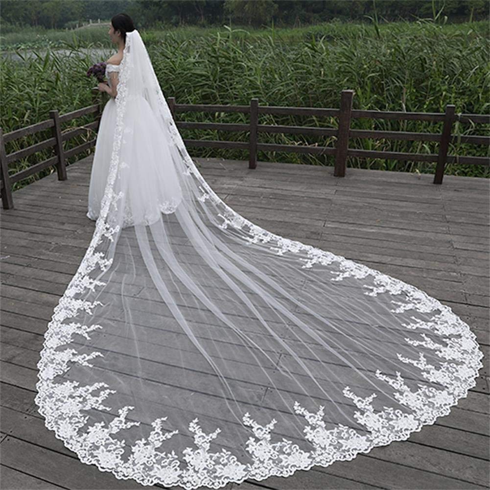 FAIOKAVER Wedding Veils Long Cathedral with Comb Full Floral Lace Egde 1 Tier