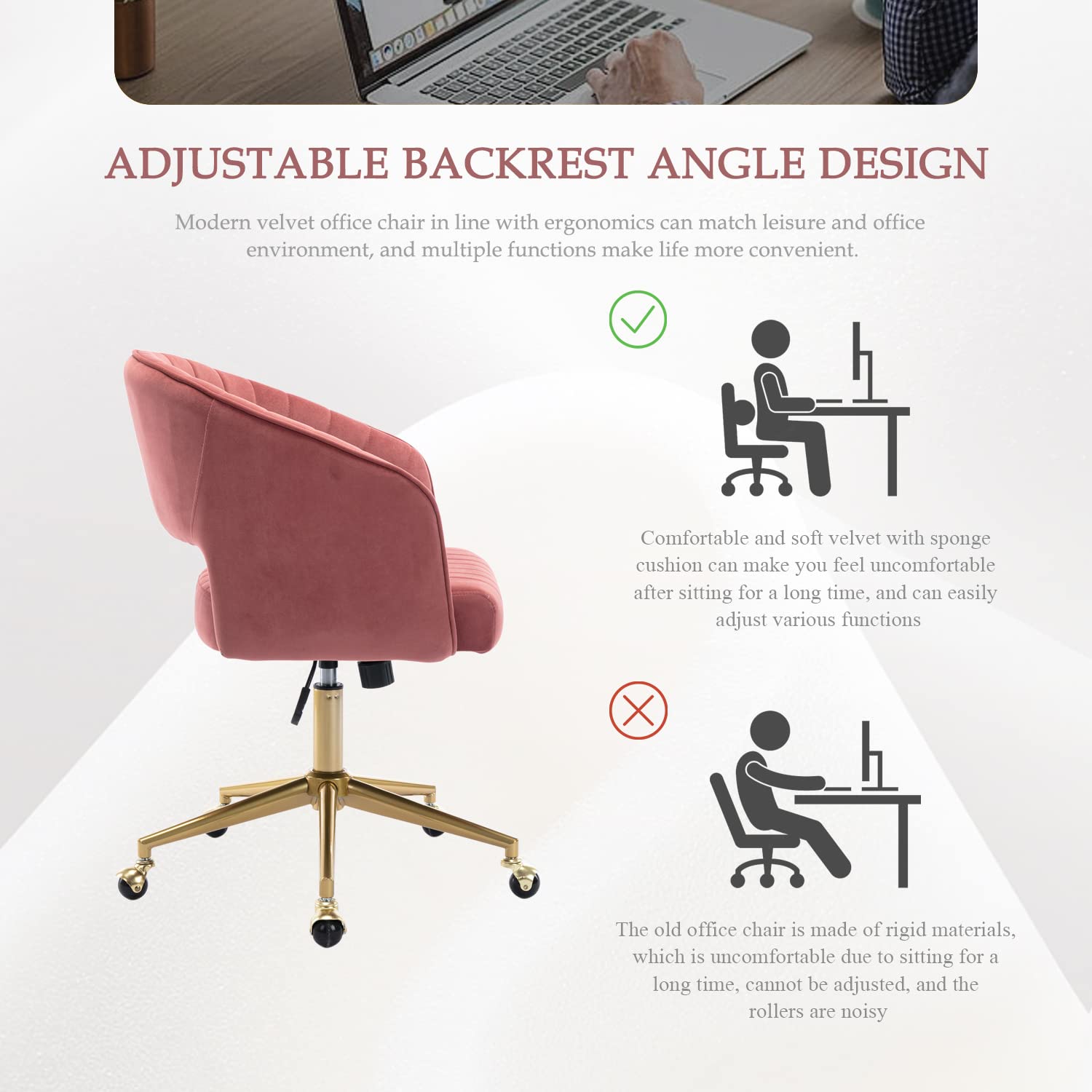 Eifizek Velvet Office Desk Chair, Modern Adjustable Home Desk Chair with Wheels, Swivel Vanity Chair for Office, Vanity Study (Beige)