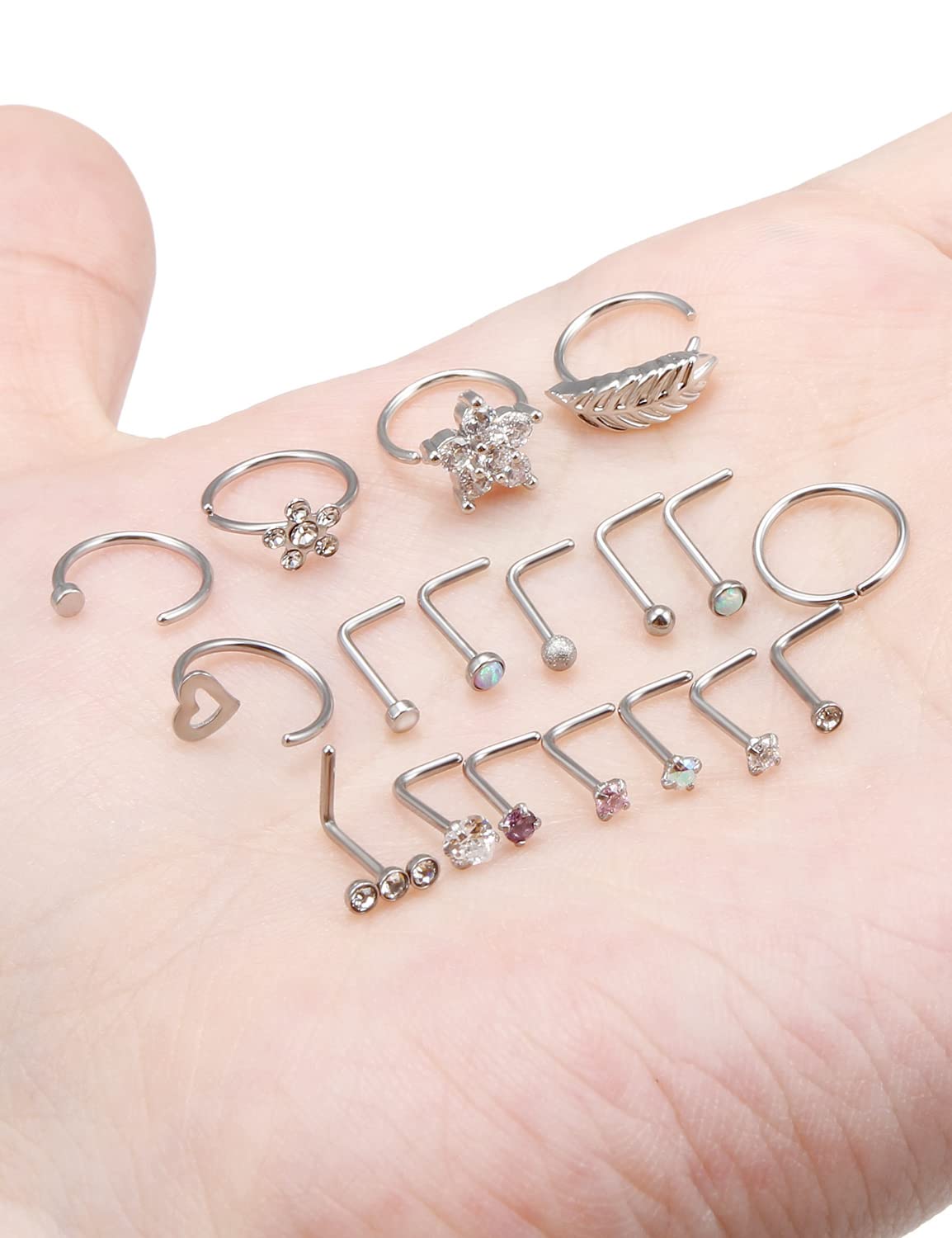 Eakxnig 20G Surgical steel Nose rings hoops L Shaped nose Stud CZ Opal Flower nose piercing Kit nostril Piercing Studs Small Nose Sutd Cute Nose Piercing Studs