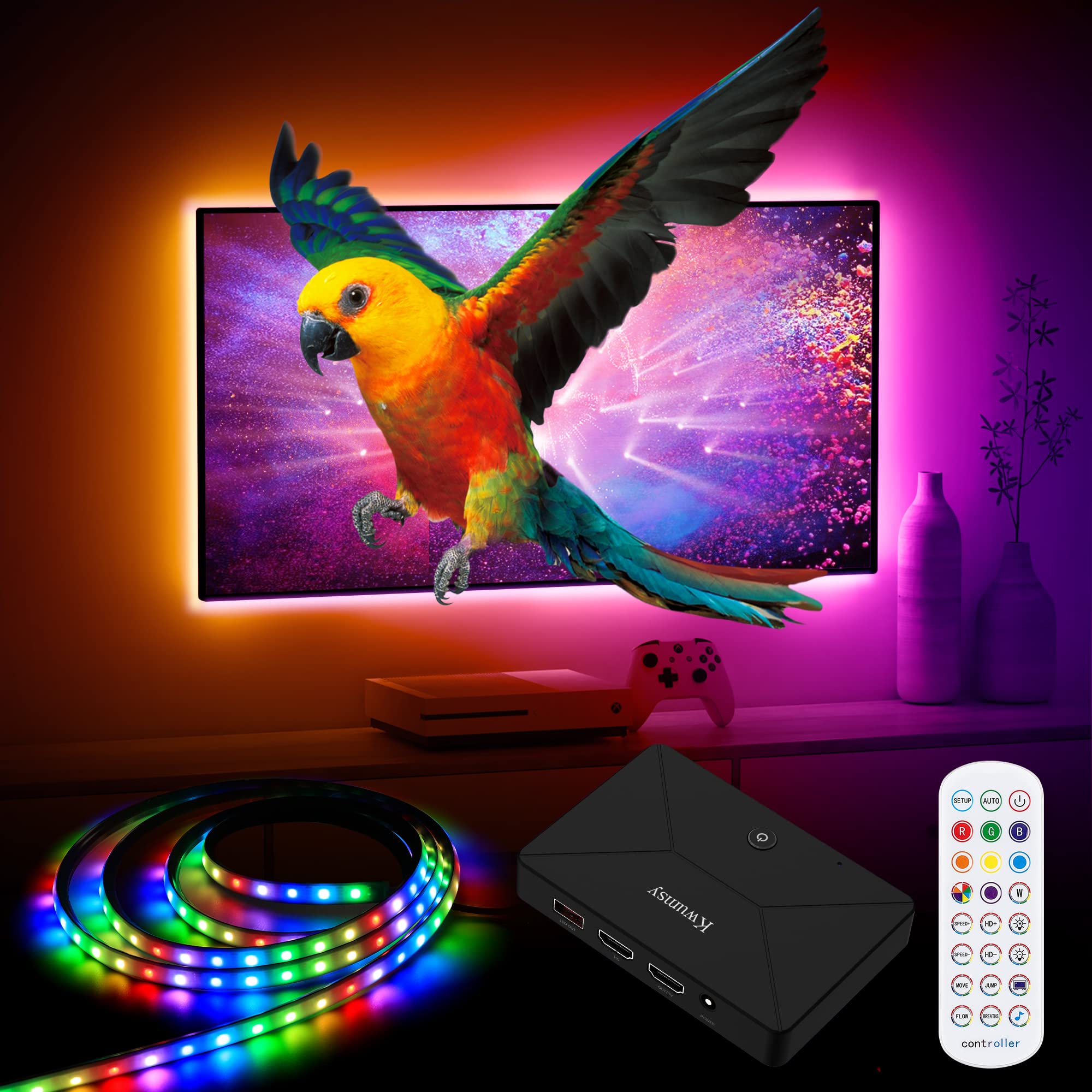 Immersion TV Backlight with HDMI 2.0 Sync Box, Kwumsy TV LED Lights That Sync with TV Real-time Ambient Lighting Strips for 55-70 Inch TV, 15 Lighting Modes/4 HDMI Inputs/Handy Remote Control