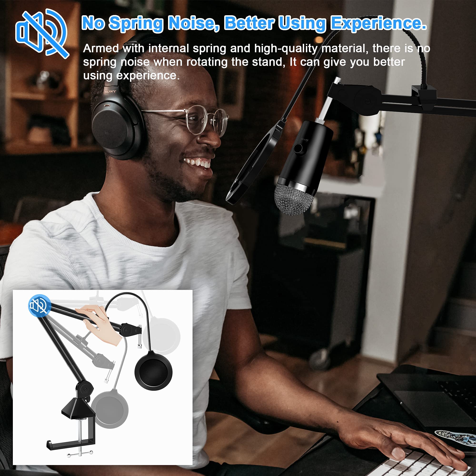 eWonLife Mic Arm, Boom Arm Mic Stand Desk Mount with 5/8 Thread, Microphone Stand for Shure SM7B, Mv7, Blue Yeti, Hyperx Quadcast, Heavy Duty, With Filter, 5/8" to 3/8", to 1/4" Adapter, 8 Cable Ties