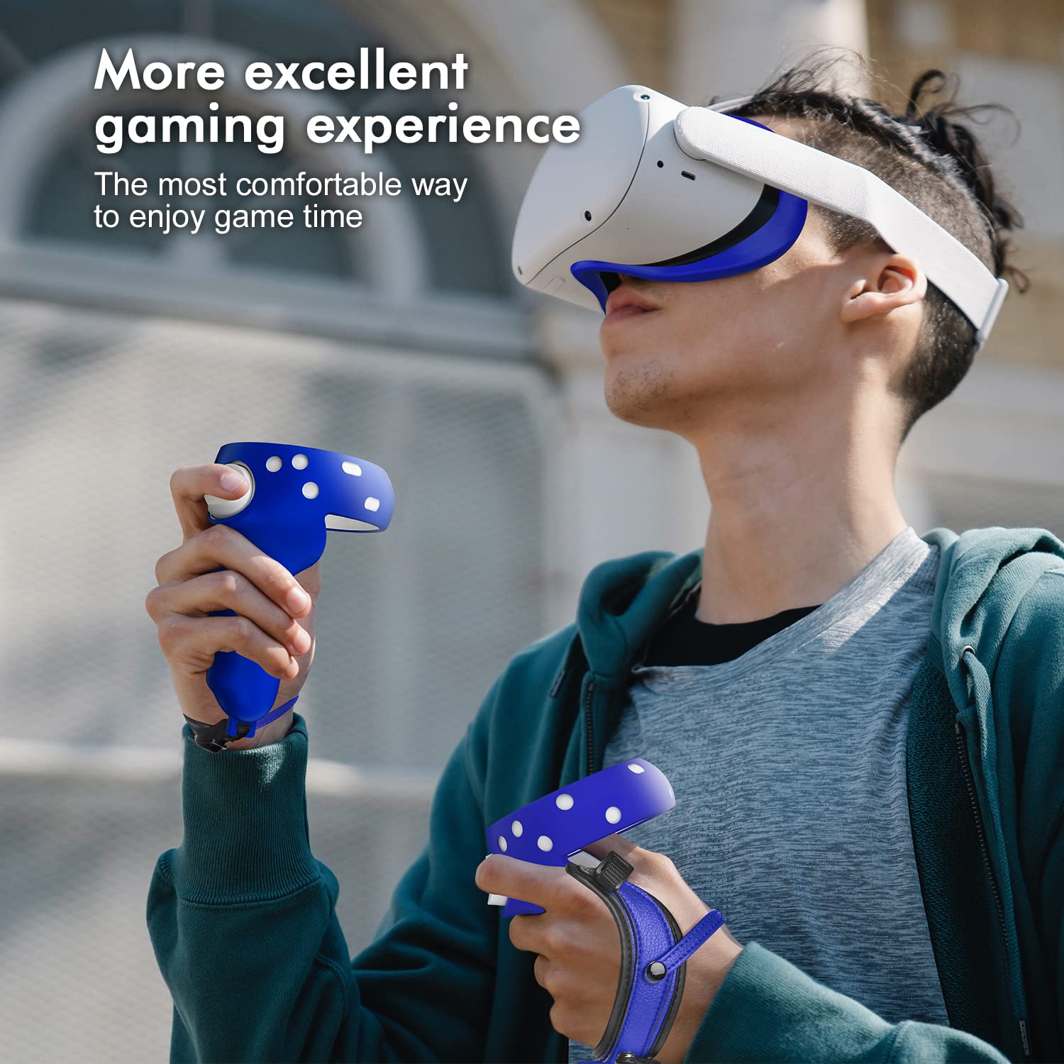 EWalos Accessories for Oculus/Meta Quest 2, Touch Controller Leather Grip Cove, Face Cover and Lens Protective Cover, Sweat-Proof, Light-Proof, Anti-Throw and Comfort-Enhancing Accessories Set(Blue)