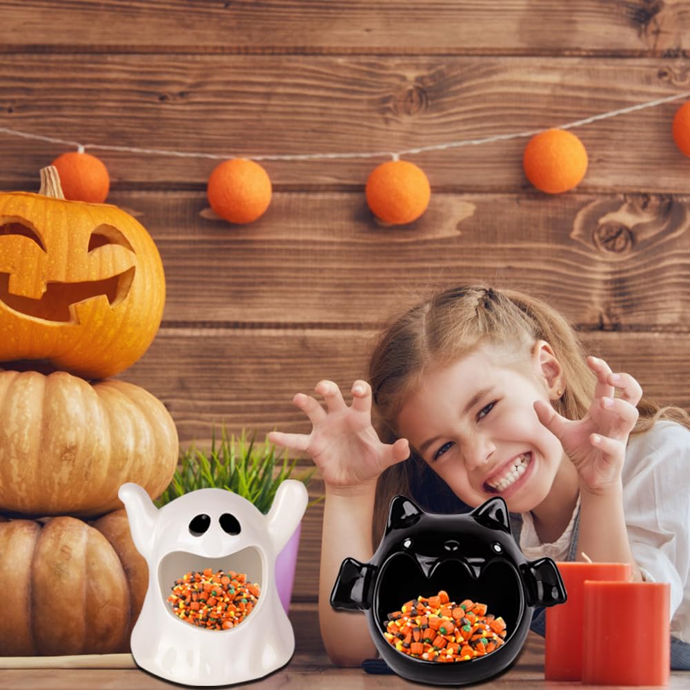 DIYDEC 2pcs Halloween Candy Bowls, Halloween Candy Dish Candle Holder Bat Ghost Ceramic Dish for Halloween Tiered Tray Ornament Tableware Party Decor Gifts