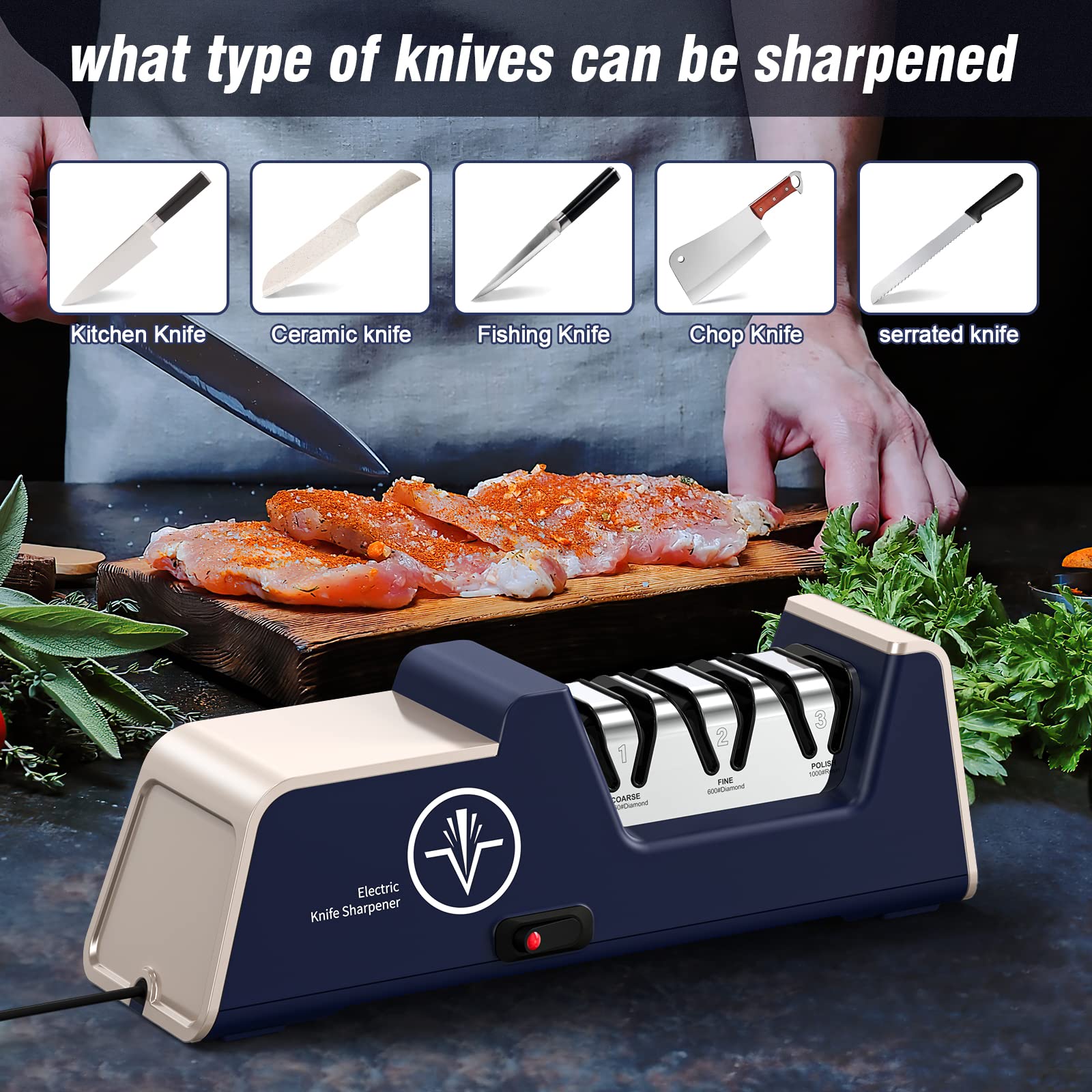 Homly Professional Electric Knife Sharpeners for Kitchen Knives with Diamond Abrasives and Precision Angle Guides, Multifunctional 3-Stage Slots, Applicable to Straight Knife and Ceramic Knife