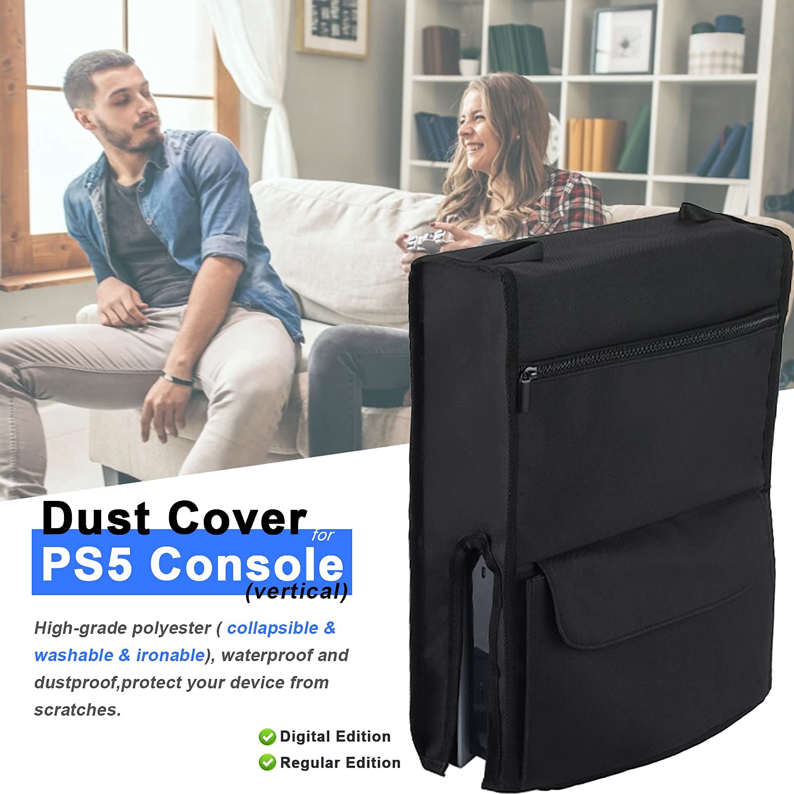 dtylean Black Dust Cover for PS5 Console, Anti Scratch Waterproof Sleeve for PlayStation 5 Console Digital Edition & Regular Edition (Vertical)
