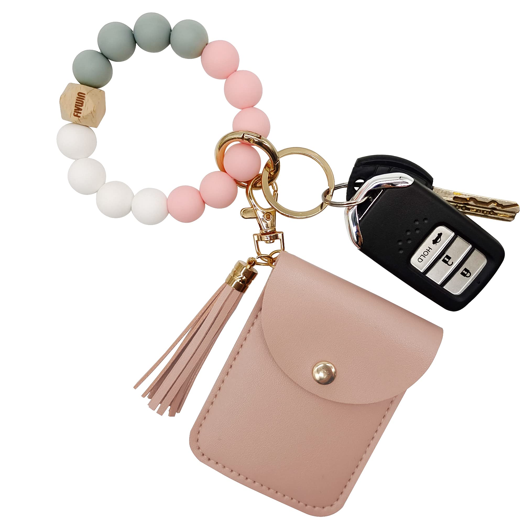 FIVWIN Wristlet Keychain Bracelet Wallet for Women Silicone Beaded Car Key Rings with Tassel Bangle Card Holder
