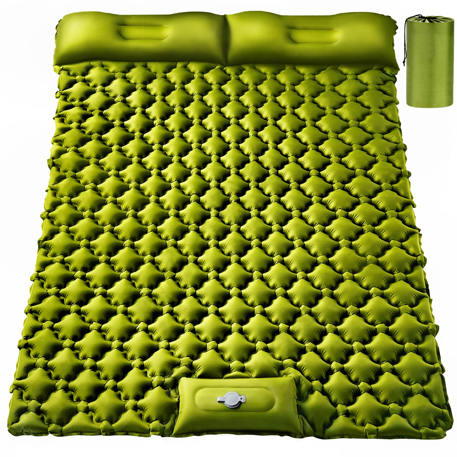 Double Sleeping Pad, Ultralight 4" Extra-Thick Self Inflating Sleeping Mat for 2 Person with Pillow Built-in Foot Pump Portable Camping Mat for Backpacking, Hiking, Traveling, Tent (Army yellow)