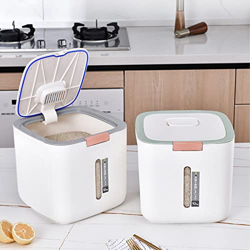 Haofy Rice Container, 22.0lb Capacity Cereal Container One Button Open Thickened Sealed with Measuring Cup Lid for Kitchen for Flour for Mung Bean for Rice for Barley (Light Gray)