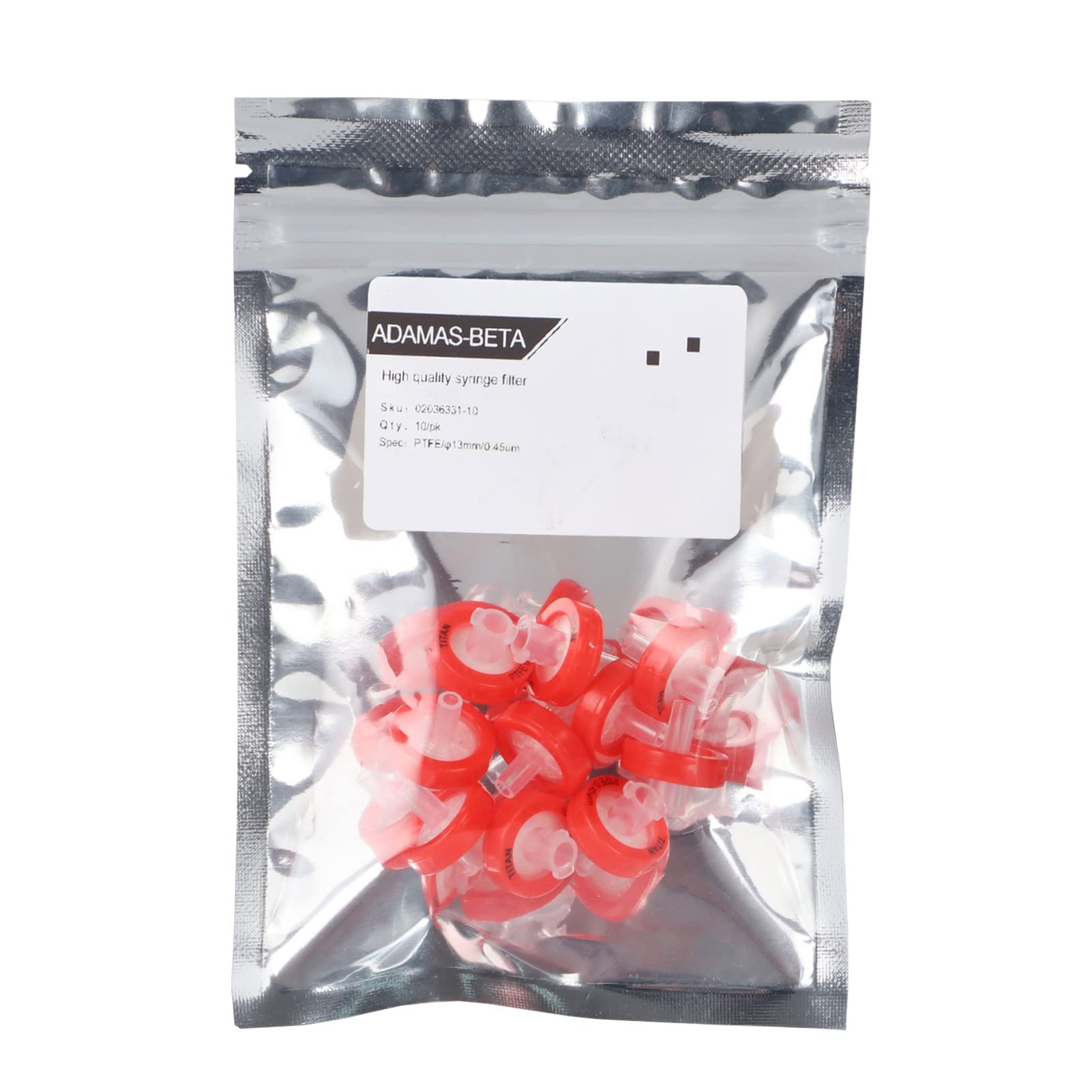 Syringe Filter,Hydrophobic PTFE Membrane Disc,Diameter 13 mm,Micron Pore Size 0.45 μm,Non-sterile Pack of 10,Red