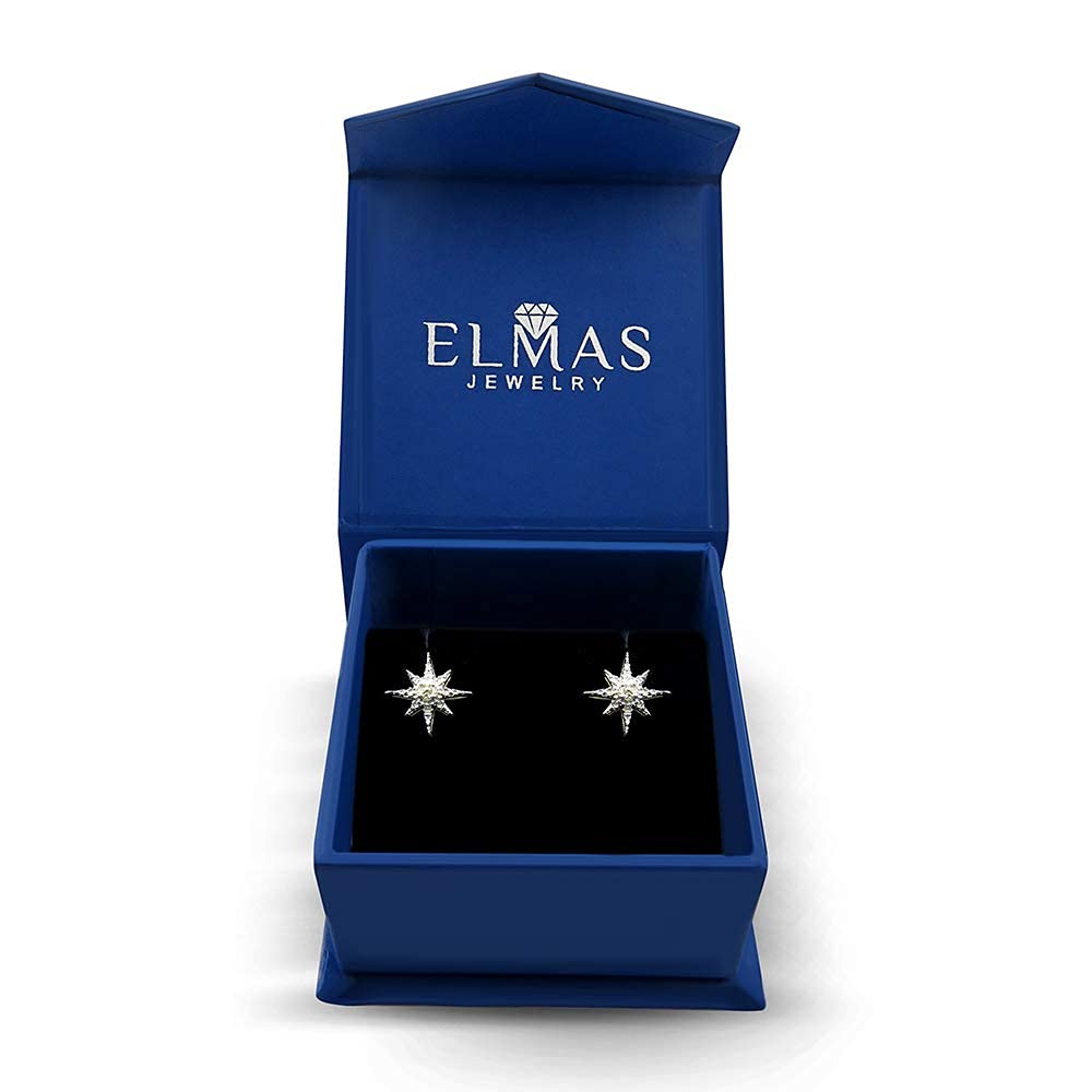 Elmas Round White Diamond Accent 925 Sterling Silver Celestial North Star Stud Earrings for Women