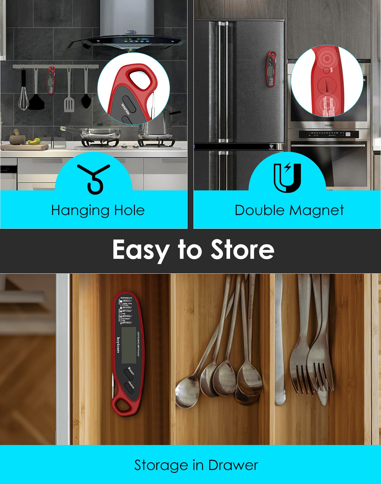 hoyiours Digital Meat Thermometer, Waterproof Instant Read Food Thermometer for Cooking with Foldable Probe, Backlight and Magnet, Kitchen Thermometer for BBQ, Roast Turkey, Grill, Baking