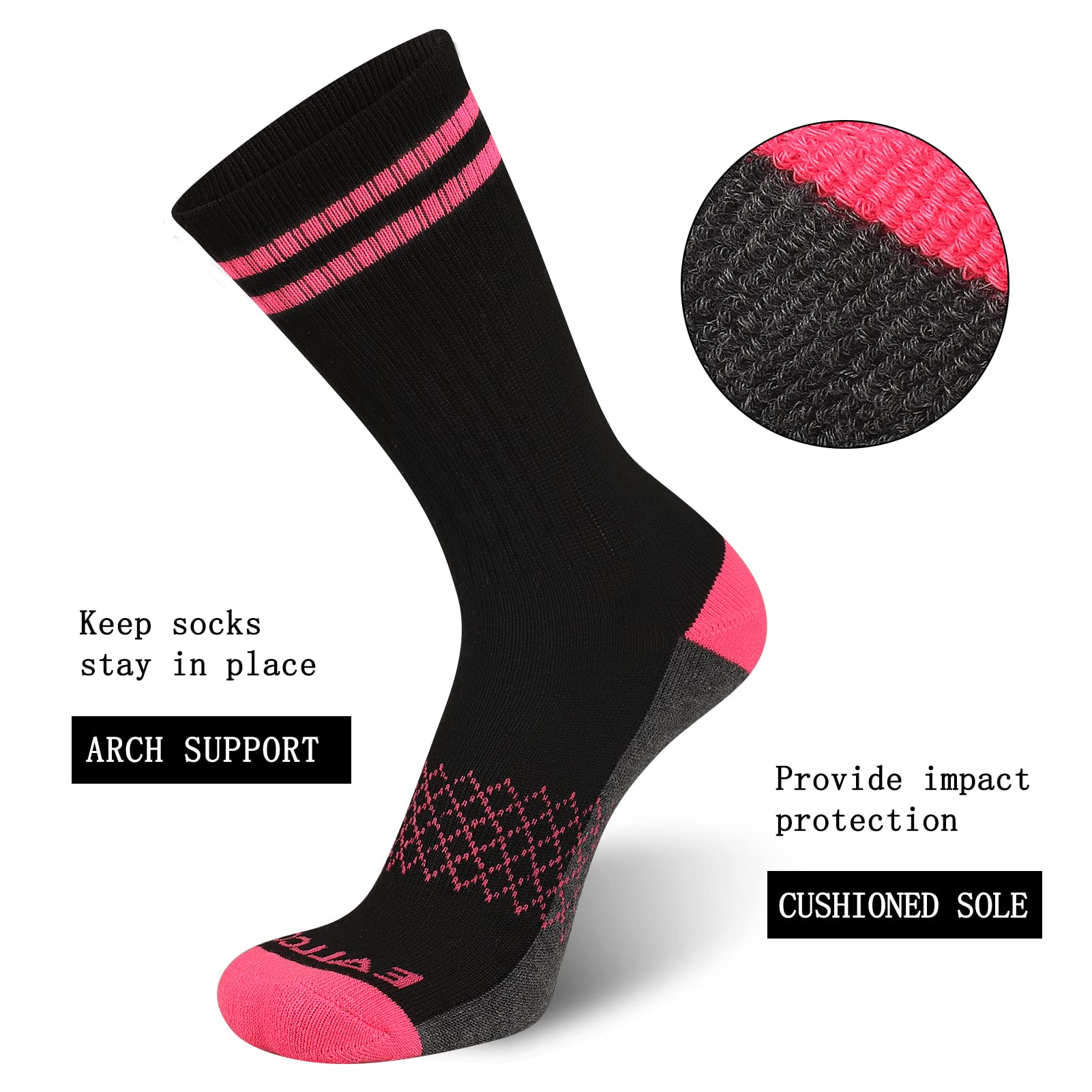 eallco Womens Crew Socks Athletic Calf Work Socks Running Long Cushioned Sole Socks 6 Pairs