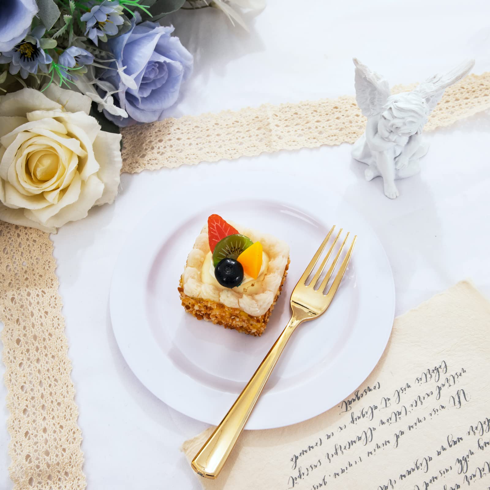 WELLIFE 200 Pieces White Plastic Dessert Plates with Gold Disposable Forks, Premium Hard Plastic Dessert Plates 7.5β, Appetizer Plastic Plates for Christmas, Wedding, Party