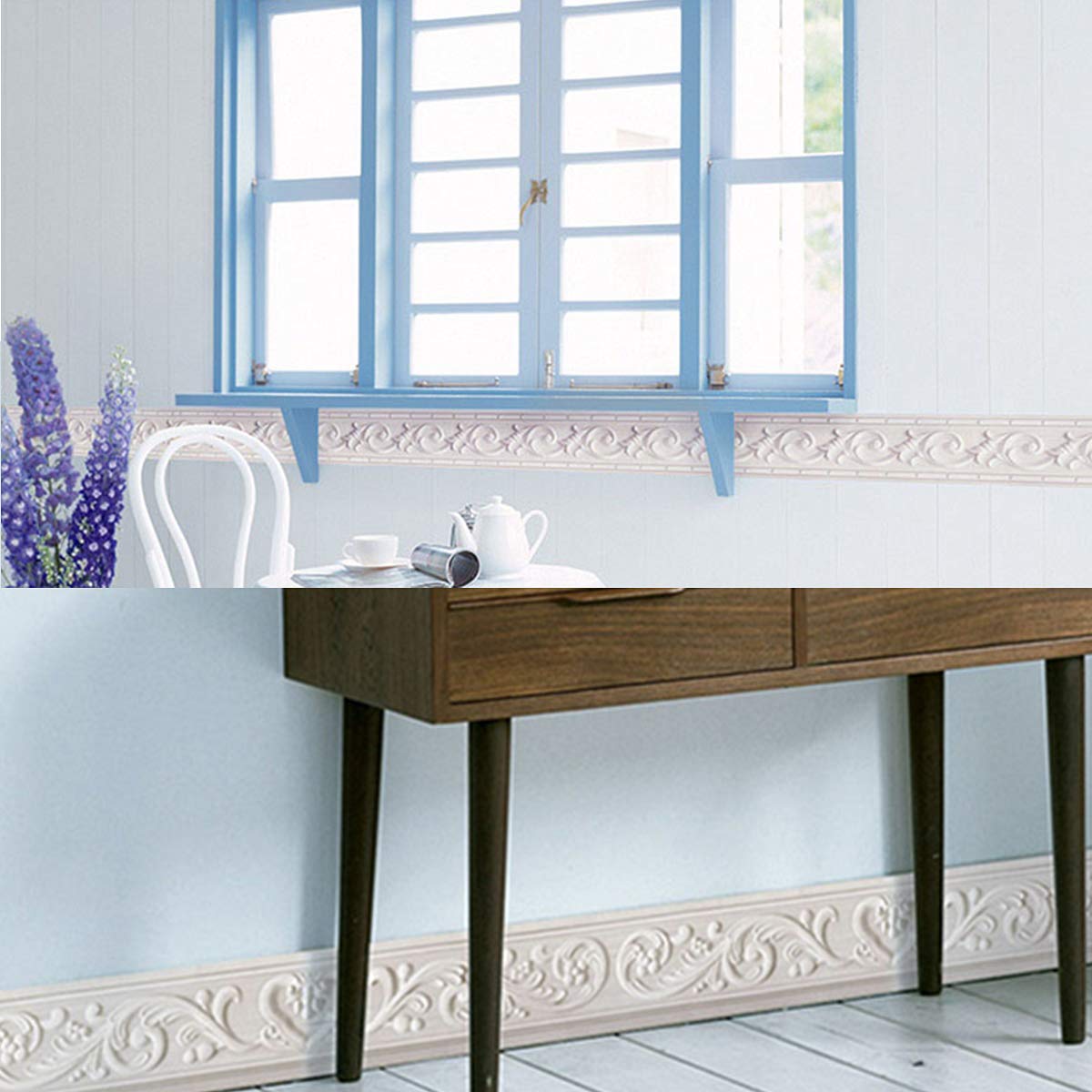 REDODECO Elegant Silver Grey Floral Molding Wallpaper Border Peel Stick Home Ceiling Decorative Border for Bathroom Living Room Kitchen 4inch by 16.4ft