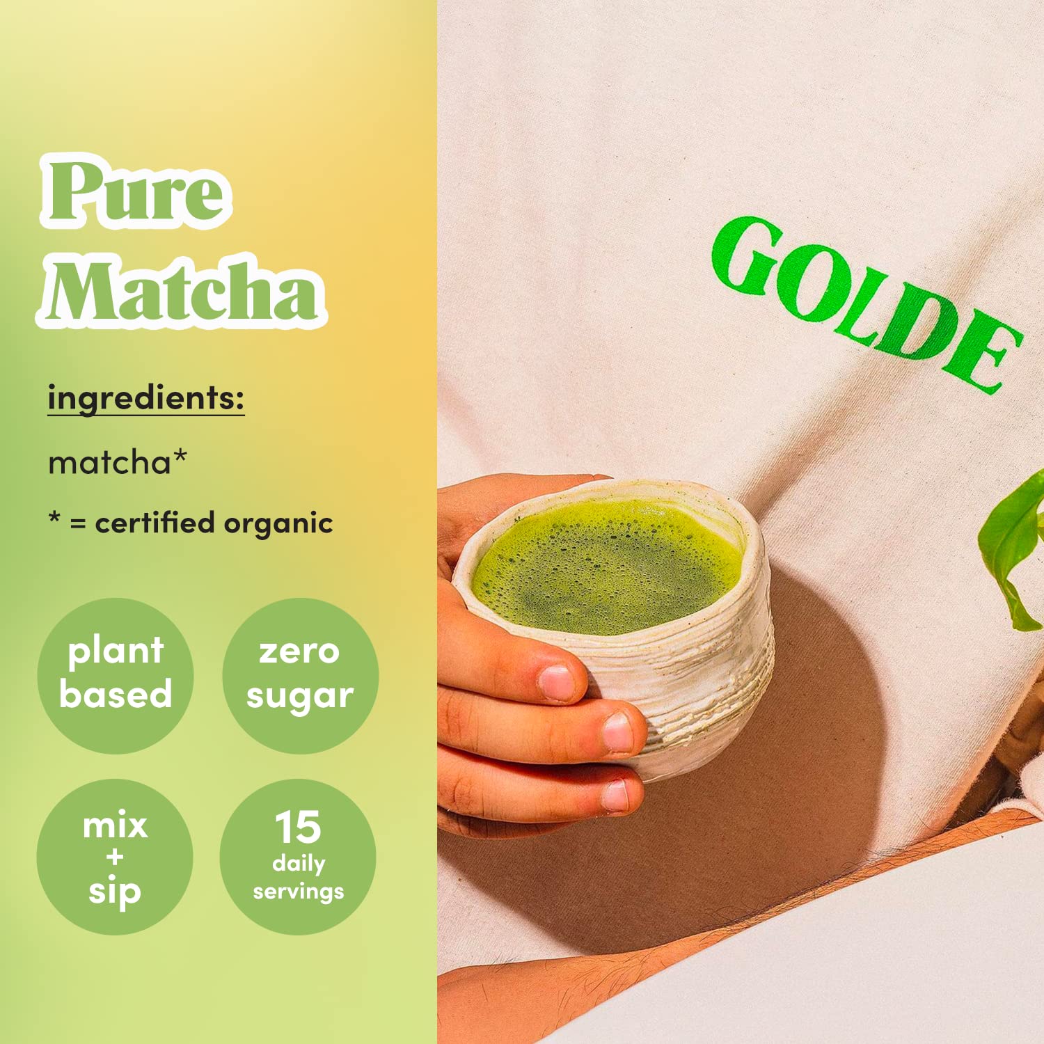 Golde Pure Matcha | Ceremonial Grade Matcha Powder | Green Tea Superfood with L-Theanine & Antioxidants (40g Tin)