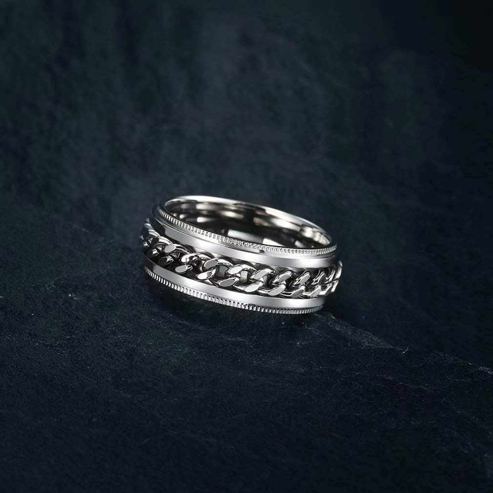 FAANCU 8mm Cuban Chain Black Spinner Ring Band Titanium Stainless Steel Fidget Ring Anxiety Ring for Men Women Size 10