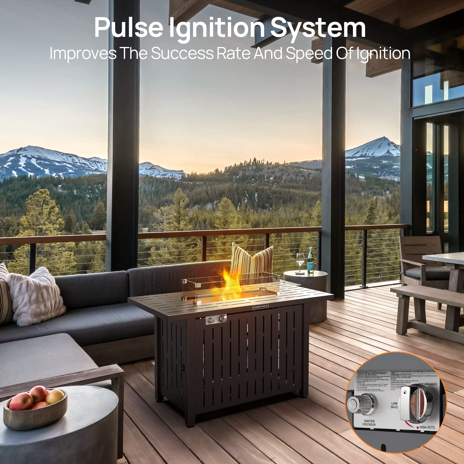 EMBRANGE 43-" Propane Gas Fire Pit Table, Pulse Ignition 50,000BTU CSA Certification Rectangle Firepit Table with Glass Wind Guard Fire Glass Metal Lid & Cover for Outside (Brown) (USAKKOYN1038057)