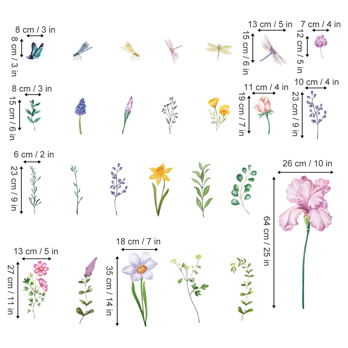decalmile Garden Flower Wall Decals Narcissus Iris Floral Dragonfly Wall Stickers Bedroom Living Room TV Wall Home Decor