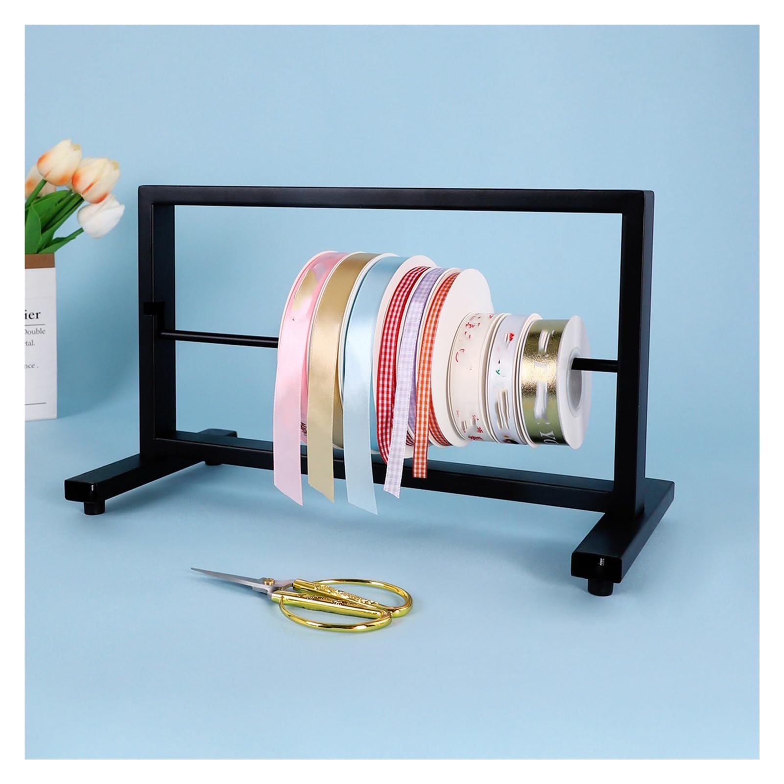 Scpantkend Crafts Ribbon Holder Organizer Rack Tabletop Rack Stand for Storage Ribbon Roll, Modern Small Metal Embroidery Thread Organizer Holder with Removable Bar for Florist/Dessert Shop