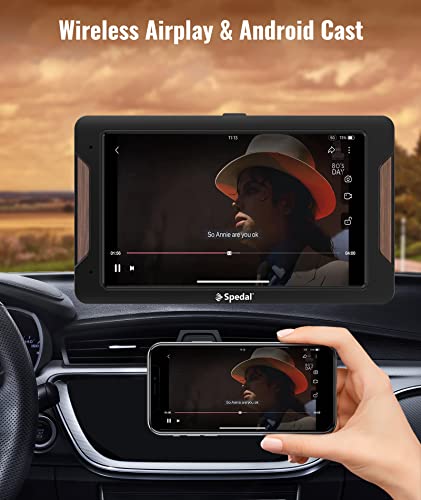 Spedal 7 Inch Wireless Apple CarPlay and Android Auto, Portable Car Stereo with Mirror Link, Multimedia Player, Bluetooth, AUX/FM, Google and Siri Assistant, Dash or Windshield Mounted