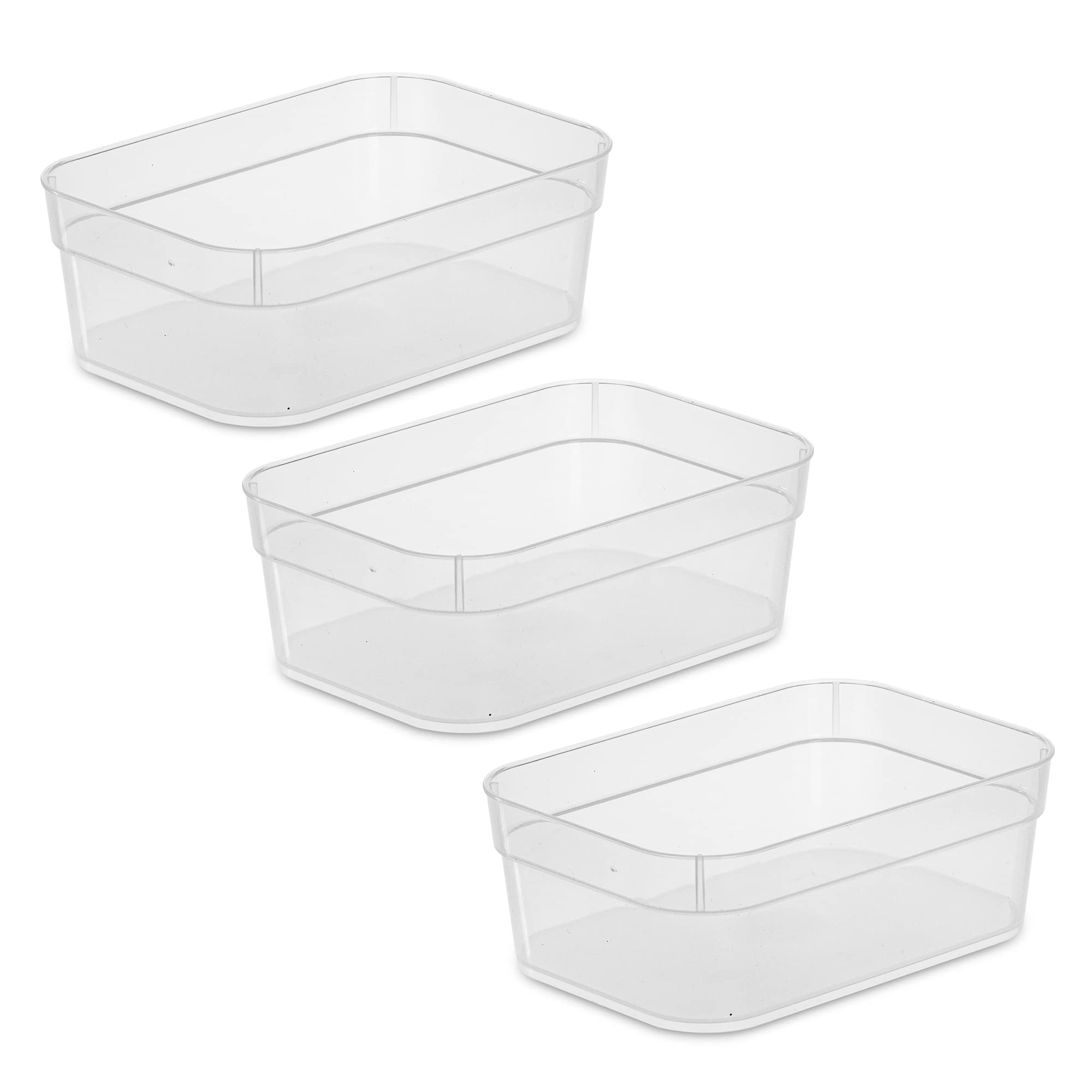 Sterilite 13558608 Medium Storage Trays with Sturdy Banded Rim and Textured Bottom for Desktop and Drawer Organizing, 3-Pack, Clear