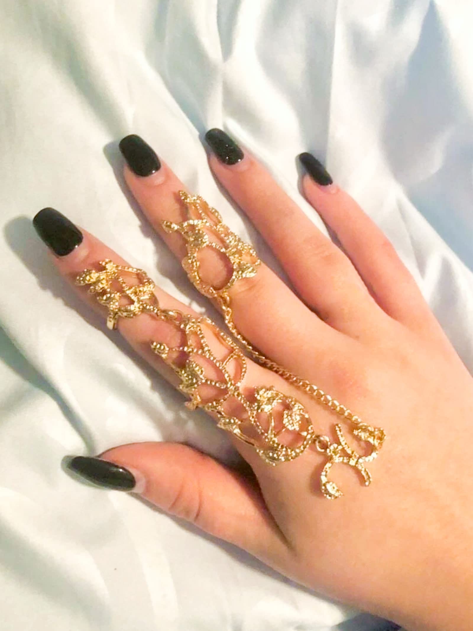 Full Finger Ring for Women Hand Chain Leaf Charm Finger Ring Bracelet with Chain Knuckle Open Long Finger Ring Hand Chains Adjustable Ring Bracelet Hand Chain Jewelry(Gold）