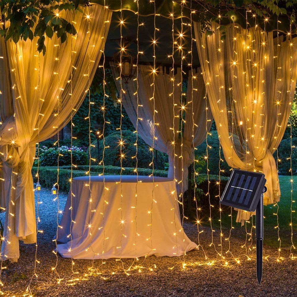 echosari Solar Curtain Icicle Lights 6.6×6.6ft 200 LED 8 Modes Solar Powered LED Window Curtain String Lights for Wedding Garden, Patio, Home, Party Backdrop Outdoor Wall Decoration (Warm White)