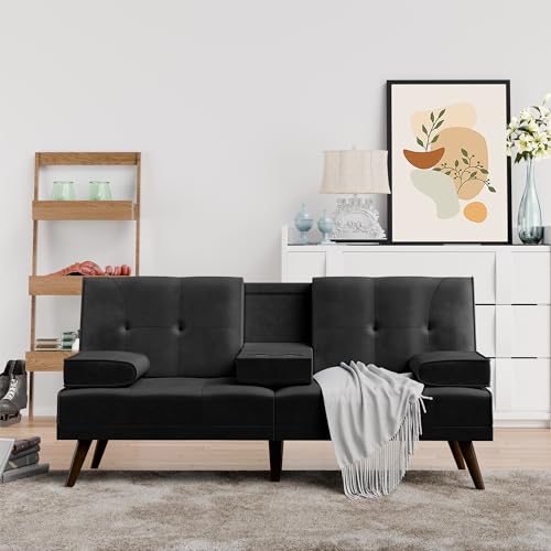 Shintenchi Small Futon Sofa Bed, 60" Reclining Convertible Velvet Loveseat with 2 Cup Holders, Modern Folding Couch w/Armrests, Upholstered Foldable Sleeper for Small Space, Black
