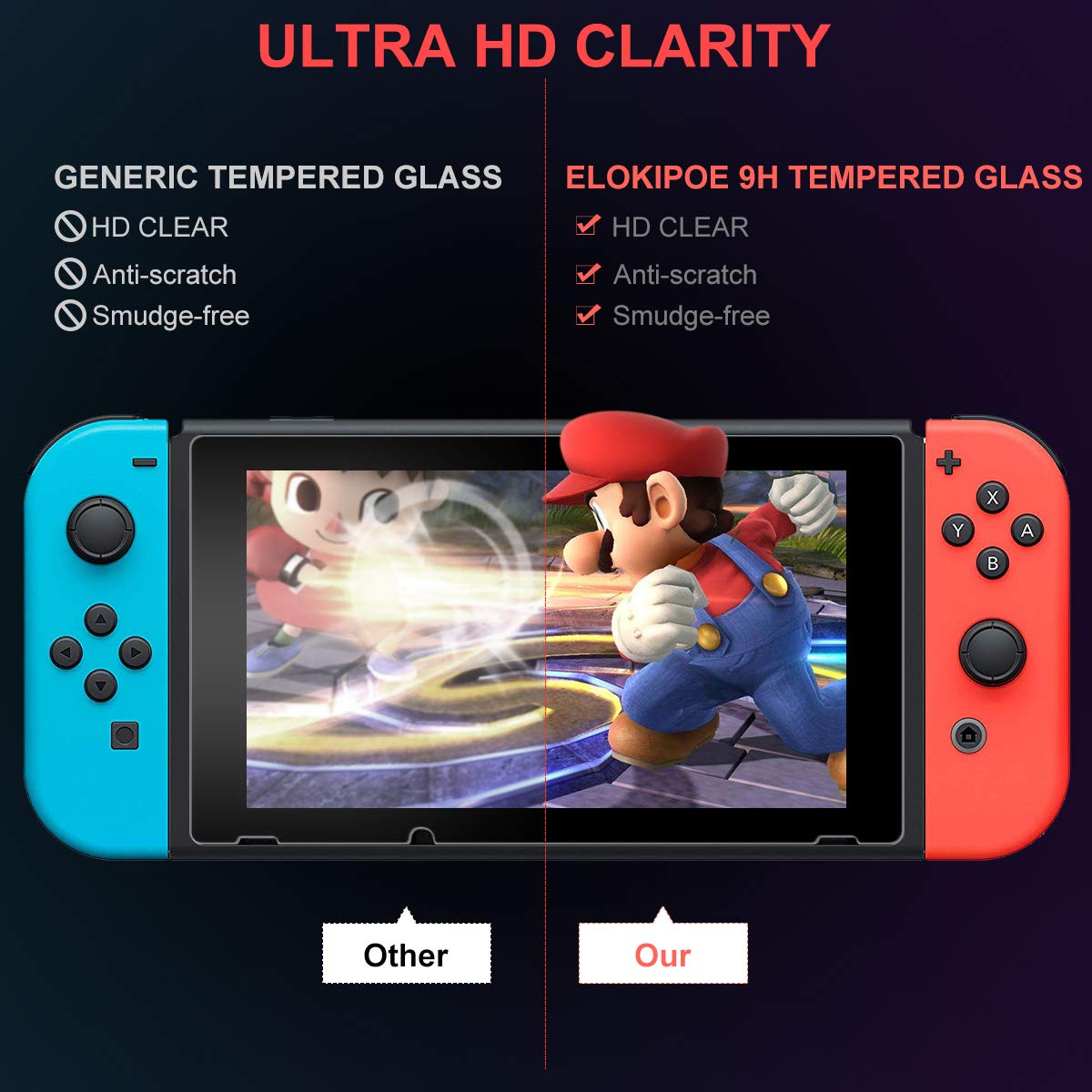 Elokipoe Screen Protector for Nintendo Switch 3 Pack, Durable 9H Tempered Glass Screen Protector Film, Easy to Install, Crystal Clear, No Bubbles Design, Smooth HD Screen Protector for Switch