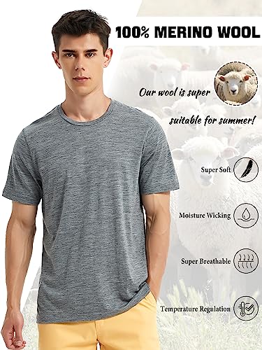 YUERD M&W 100% Merino Wool T-Shirt Mens Short Sleeve Merino Wool T Shirts for Men Grey