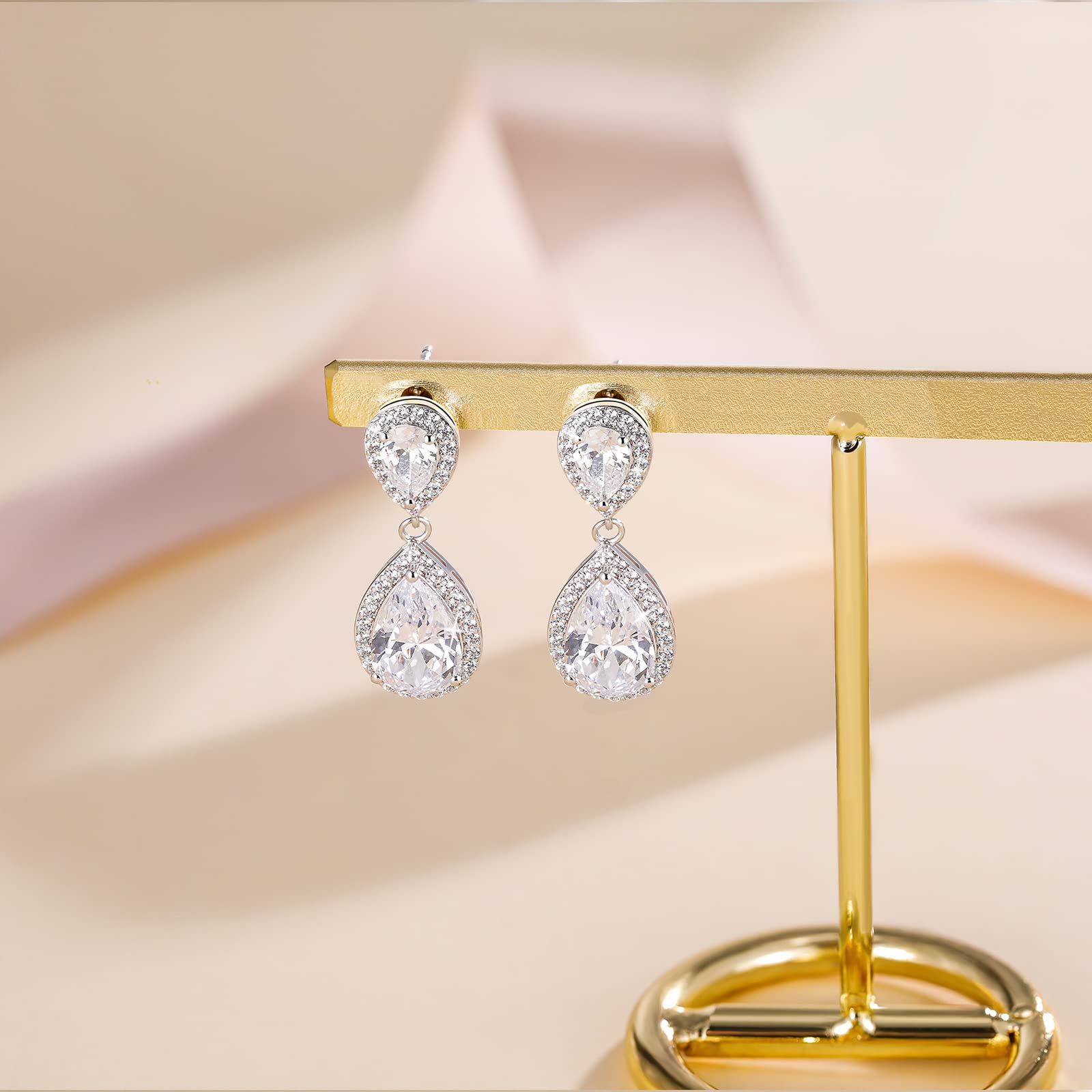 EAMTI Silver Dangle Earrings for Women Cubic Zirconia Teardrop Bridal Wedding Earrings 925 Sterling Silver Post Rhinestone Earring