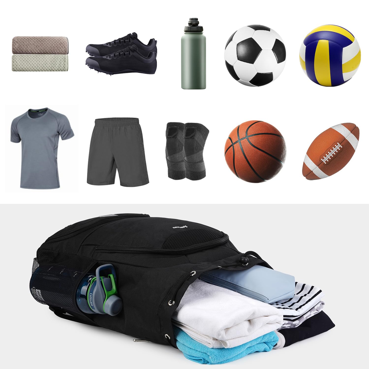 Drawstring Backpack, Soccer Basketball Backpack with Shoe & Ball Compartments and Wet Pocket Gym Bag Sackpack for Men Women, Grey