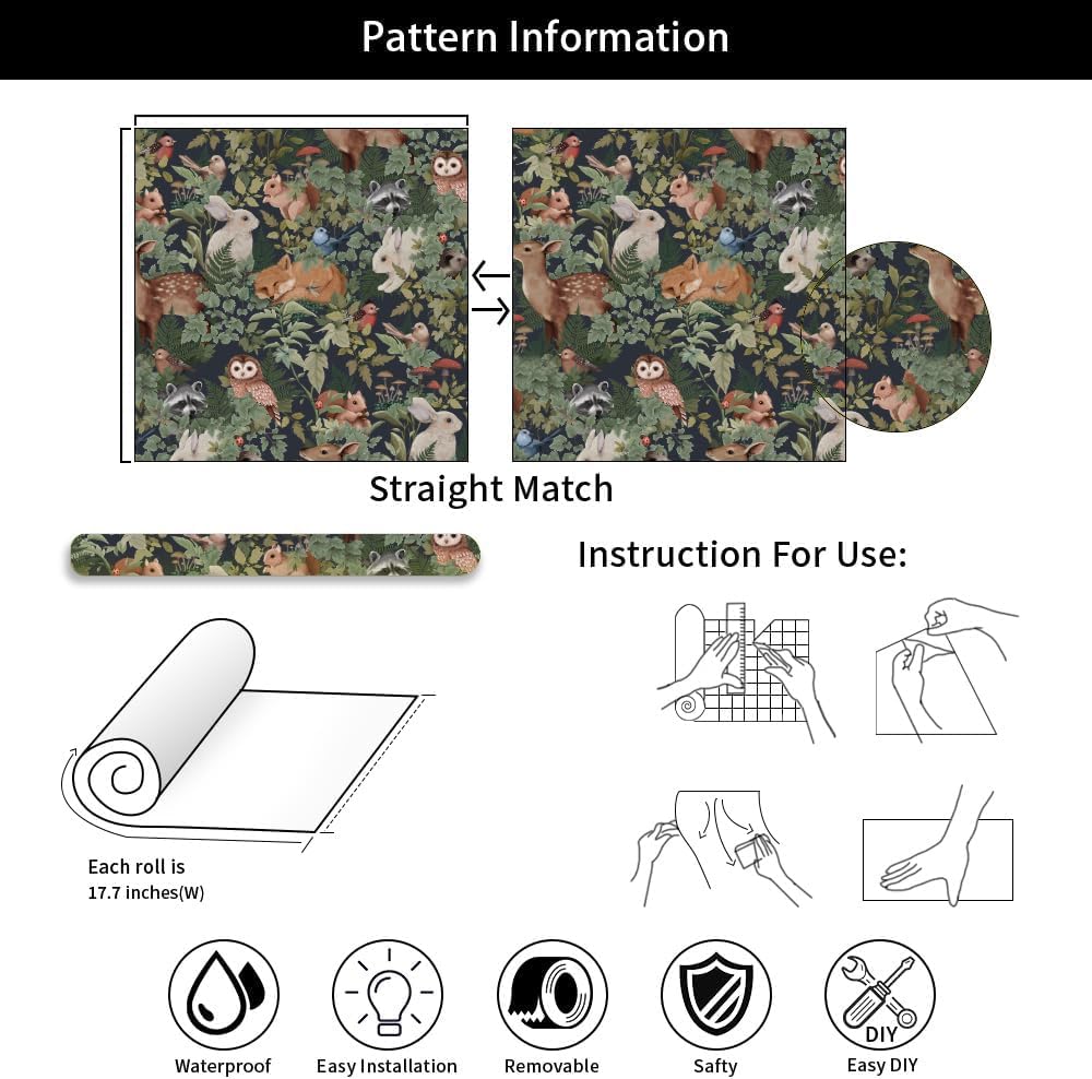 MuralPeel Animal Leaf Forest Deer Rabbits Squirrel Owl Green Plants Peel and Stick Wallpaper Self Adhesive Removable Easy Peel Off Contact Paper Stick on Wall Paper for Bedroom&Renter