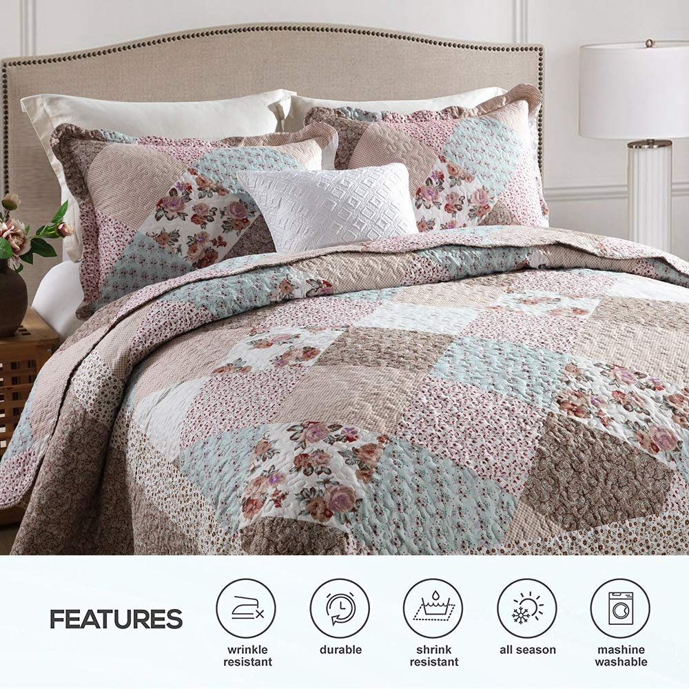 ENJOHOS Quilts Queen Quilt Set with Pillow Shams Lightweight Reversible Bedspread for Queen Bed Korean Style Pink Flower Garden on Kaki Daybed Bedding