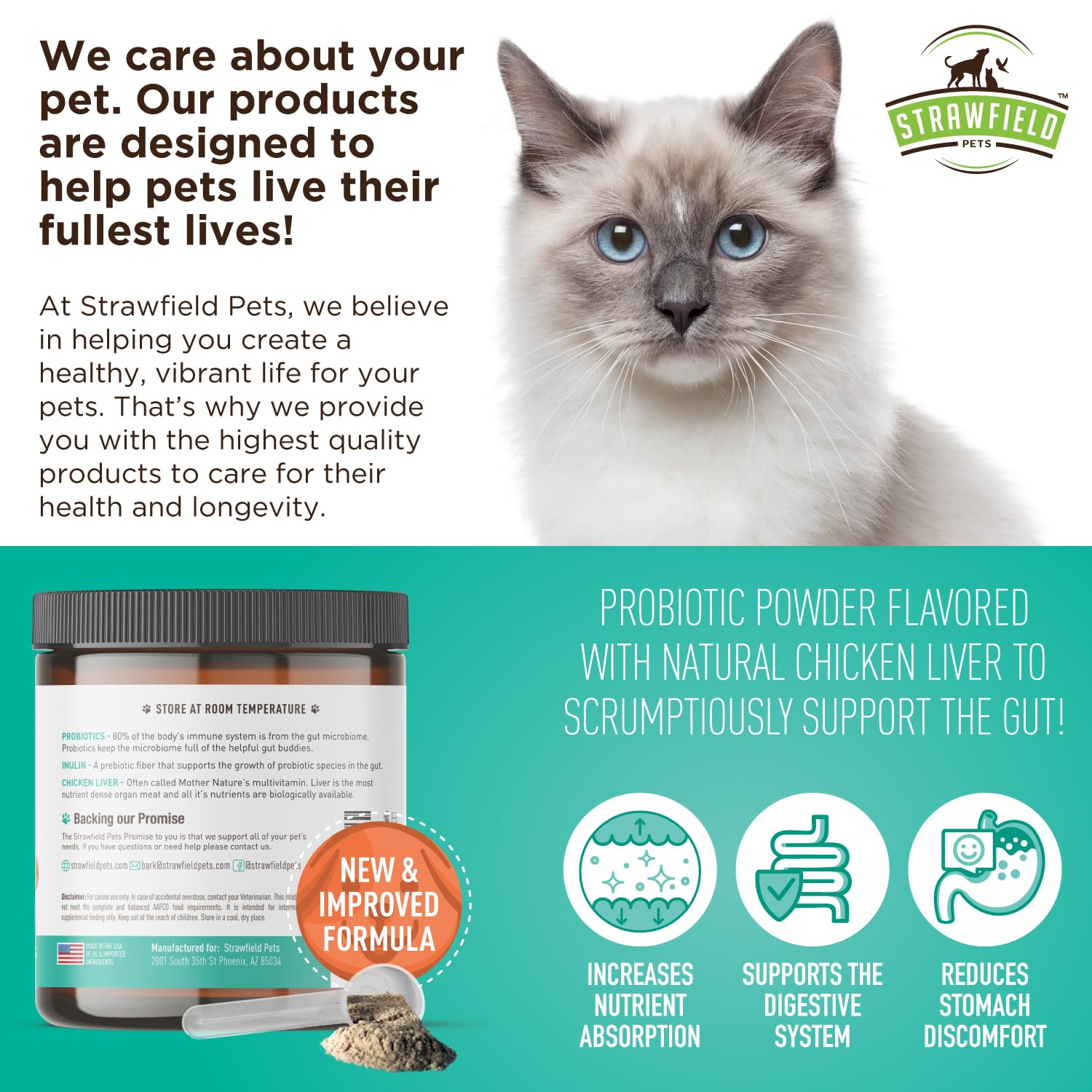 Strawfield Pets' Pre + Probiotic Powder for Cats with Catnip Probiotic for Cats Diarrhea Relief Supplement Natural Chicken Liver Flavor 120 Grams / 120 Scoops