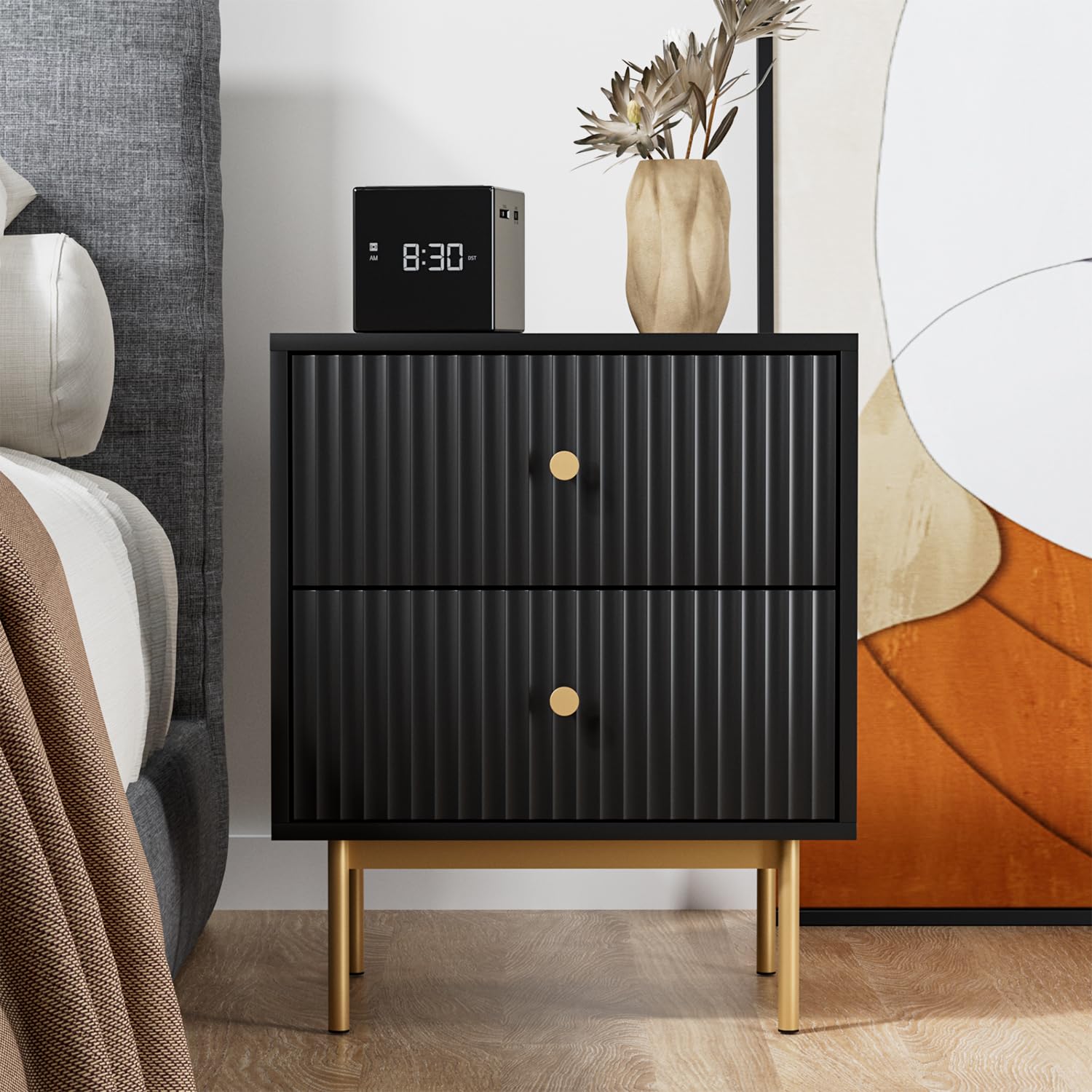 ORGANSANDS Black Nightstand Set of 2 for Bedroom, Fluted nightstand with 2 Drawers, Modern Storage Bedside Table with Wide Tabletop, End Tables with Gold Metal Legs & Handle