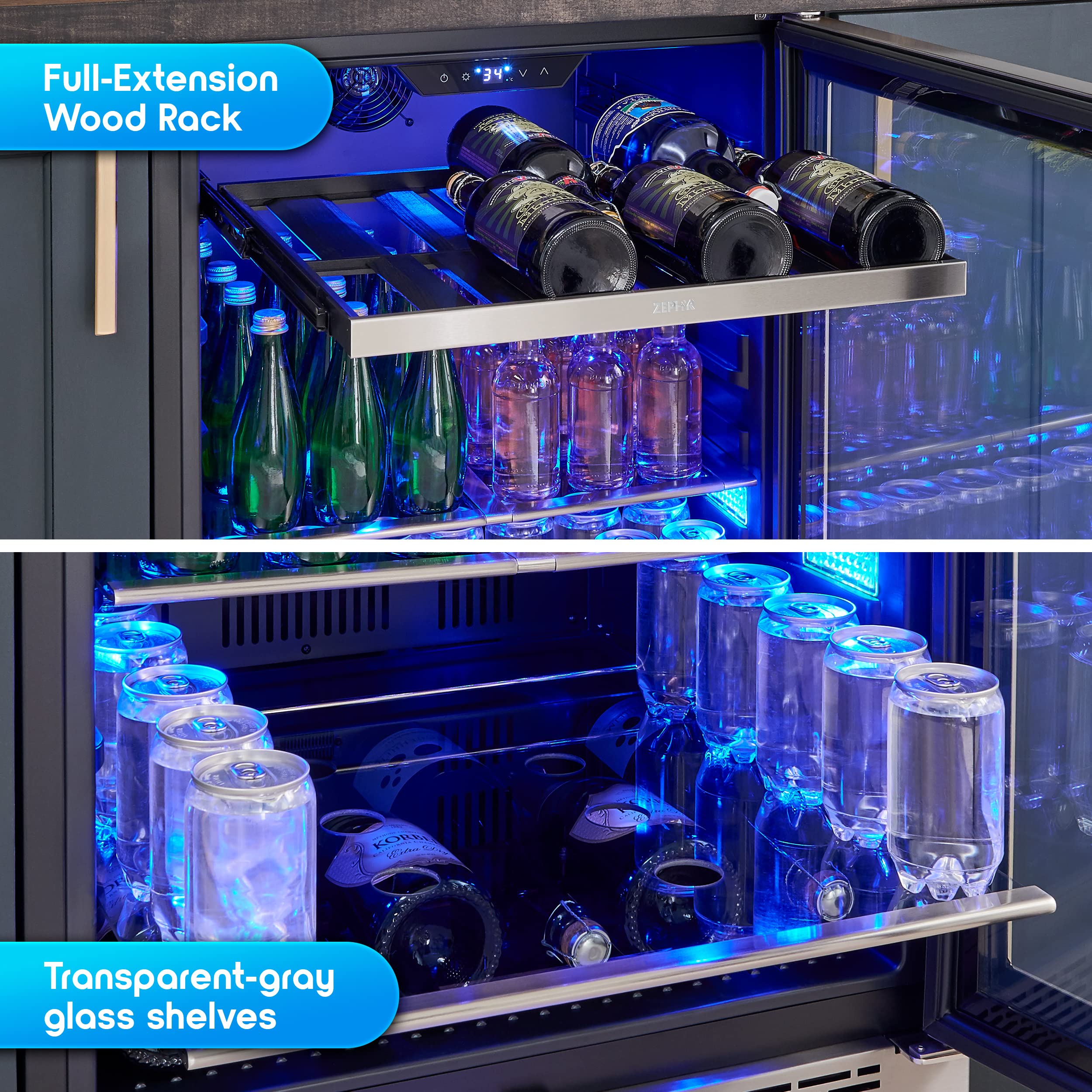 Zephyr 24" Wine Fridge & Beverage Refrigerator ADA Single Zone Under Counter - Mini Wine Cooler Cellars Small Beer Fridge Cabinet Drink Chiller Freestanding with Glass Door - 7 bottles 112 cans