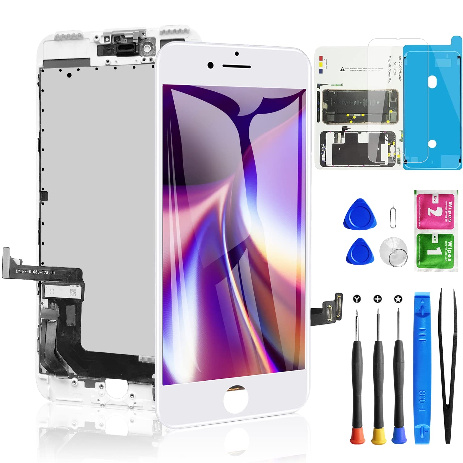 Diykitpl for iPhone 7 Plus Screen Replacement 5.5 Inch White, 3D Touch LCD Screen Digitizer Replacement for A1661,A1784,A1785, with Repair Tools Kit+Magnetic Screw Mats+Screen Protector