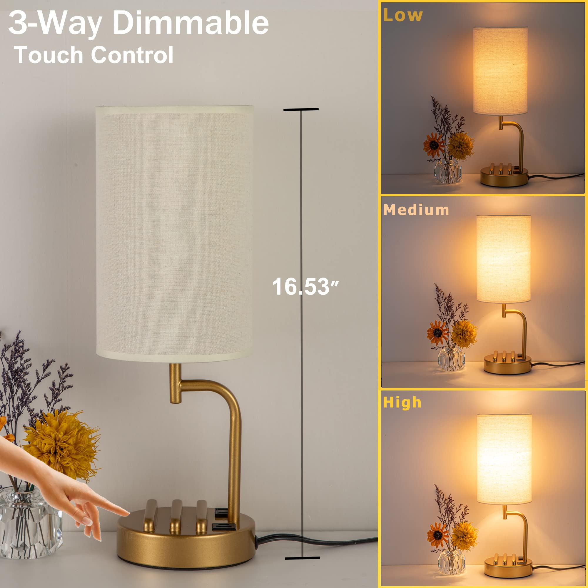 Dreamholder Touch Control USB Table Lamp, Upgraded 3-Way Dimmable Bedside Desk Lamp with USB C & A Charging Ports and AC Outlet, Nightstand Lamp for Bedroom, Dimmable 9W LED Bulb Included