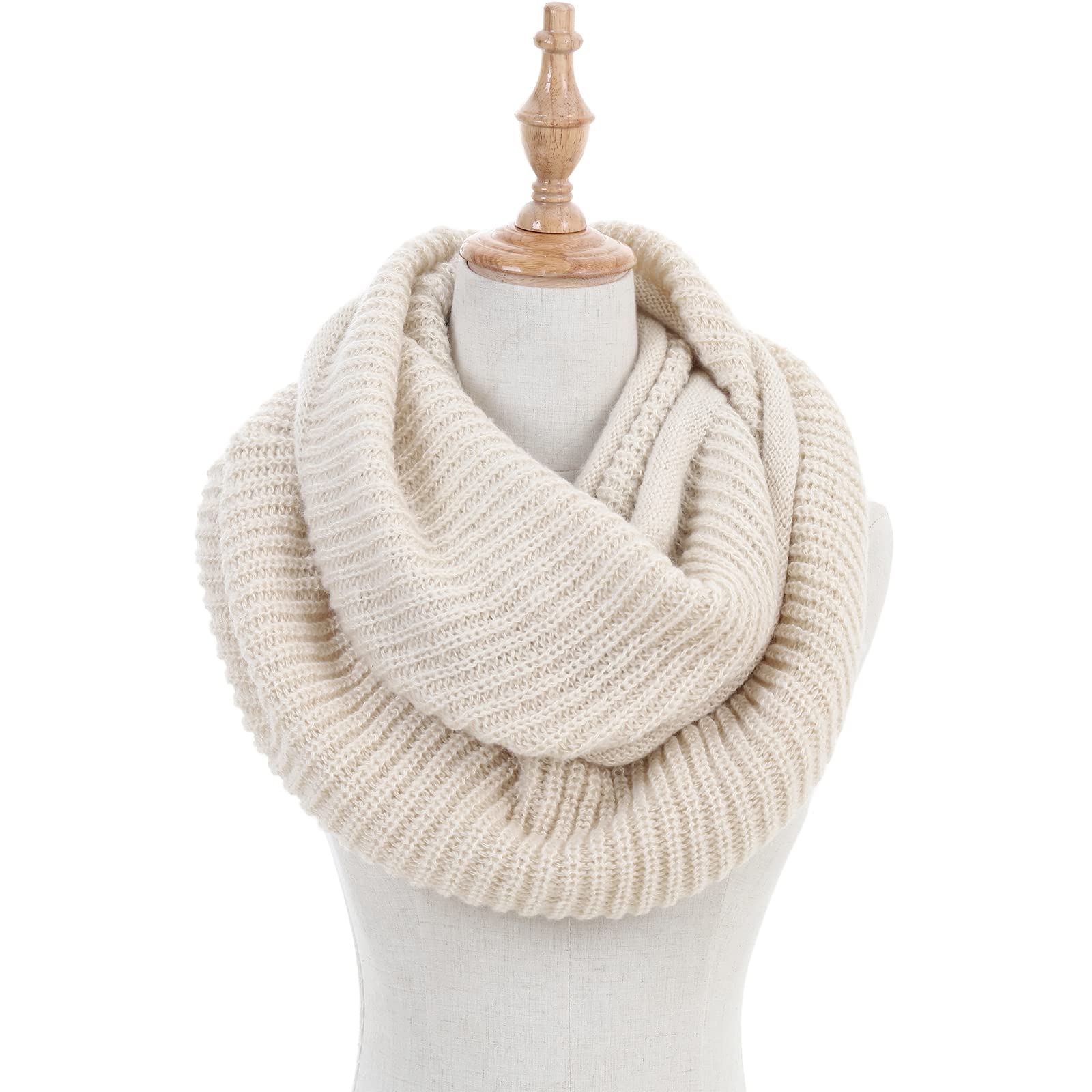 Dimore Women Winter Knit Infinity Scarf Circle Loop Scarf Beanie Set Thick Neck Warmer Scarf (Beige)