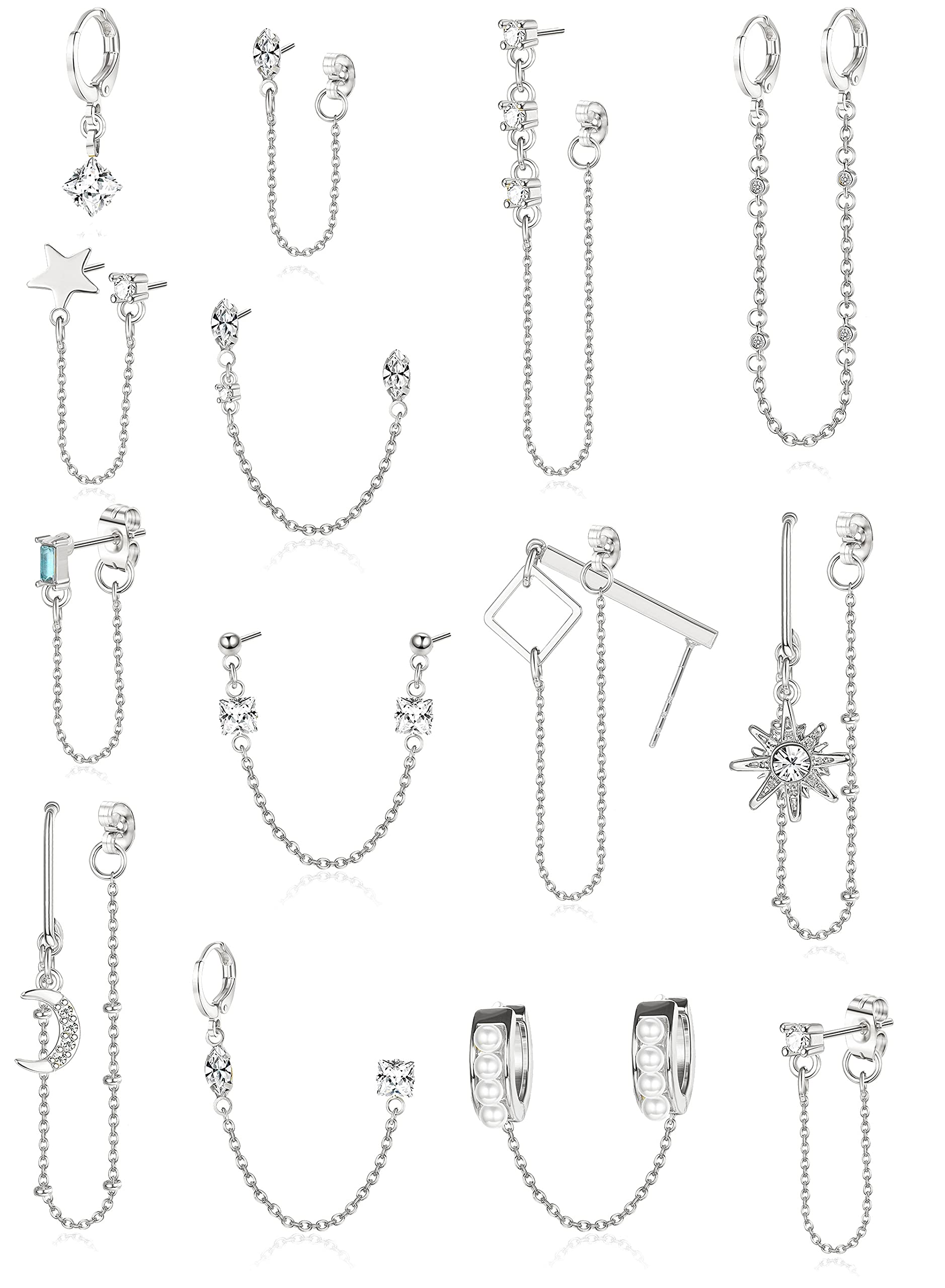 Fiasaso 14 Pcs Chain Hoop Earrings Minimalist Bar Stud Earrings with Chain Moon Star CZ Rhinestone Dangle Earrings Double Piercing Earrings Set For Women