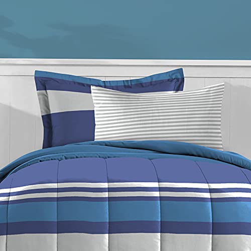 Dream Factory Kids 5-Piece Complete Bed Set Easy-Wash Super Soft Microfiber Comforter Bedding, Twin, Blue Rugby Stripe, (2D872701BL)