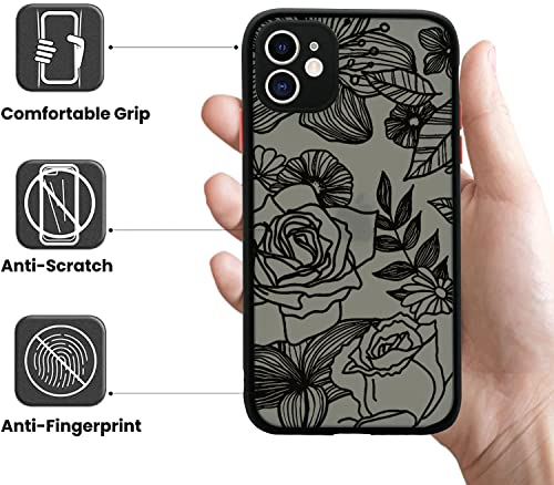 SUBESKING Compatible with iPhone 12 Flower Case for Women Girls, Cute Black Blooming Floral 3D Pattern Design Translucent Matte PC Back Soft TPU Bumper Protective Clear Cover 6.1 Inch