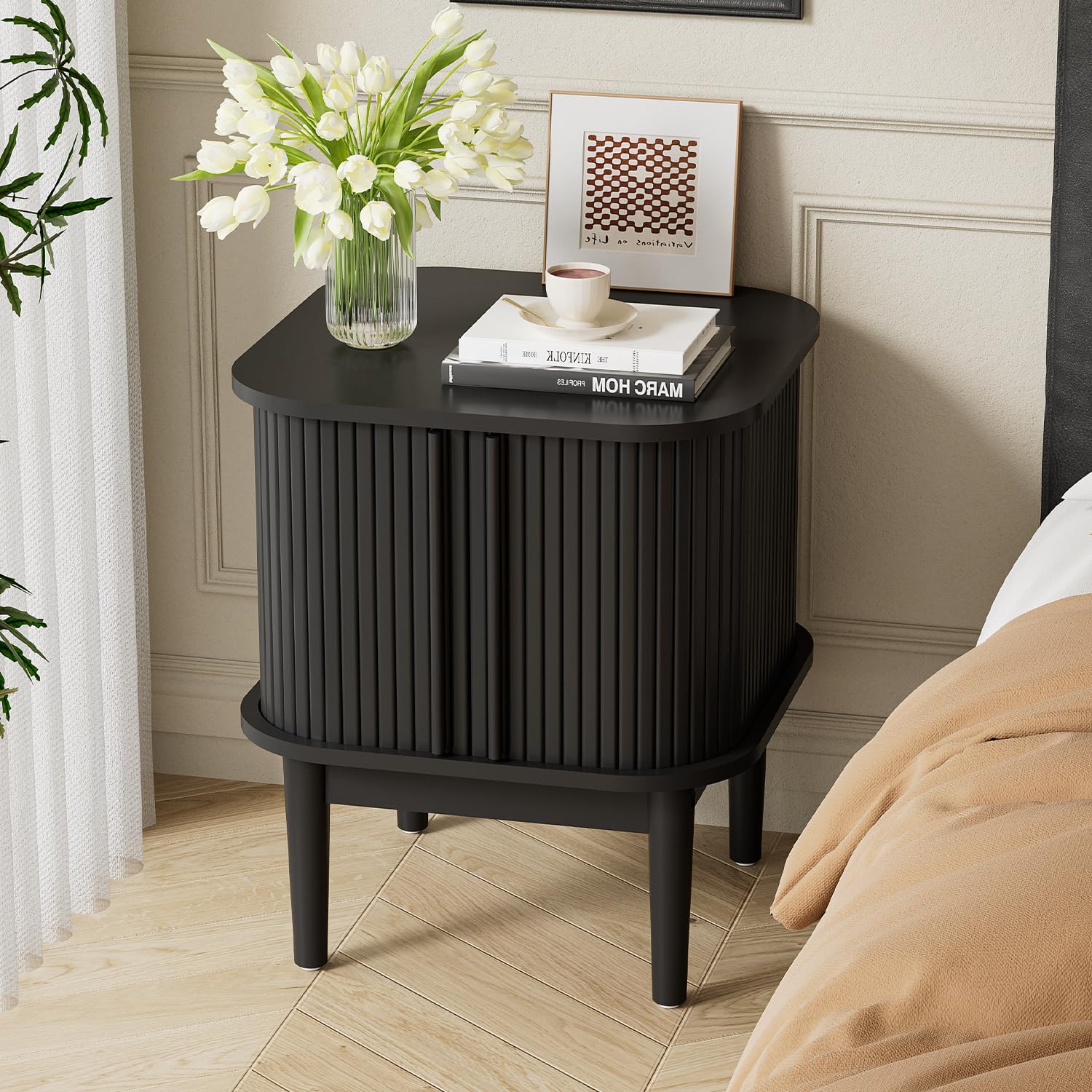 ORGANSANDS Sliding Door Tambour Nightstand Set of 2, Black Storage End Table with Curved Edge Design, Small Bedside Table Compact Sofa Side Table for Bedroom, Hallway, Small Space